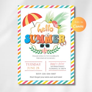 Editable Hello Summer Digital Invitation, End of Year Party, Post on ...