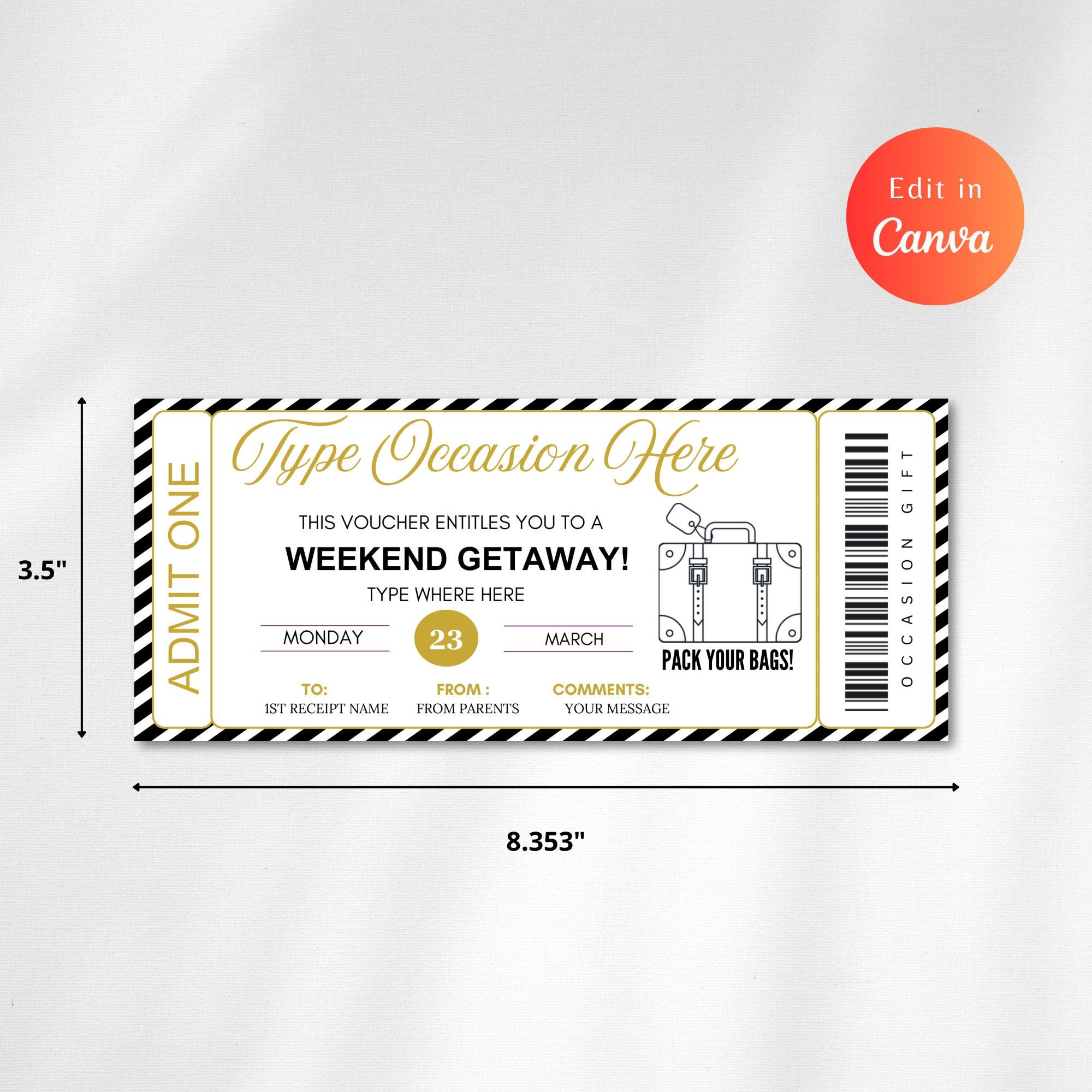 Editable Weekend Away Voucher Template, Gift CERTIFICATE TICKET CARD ...