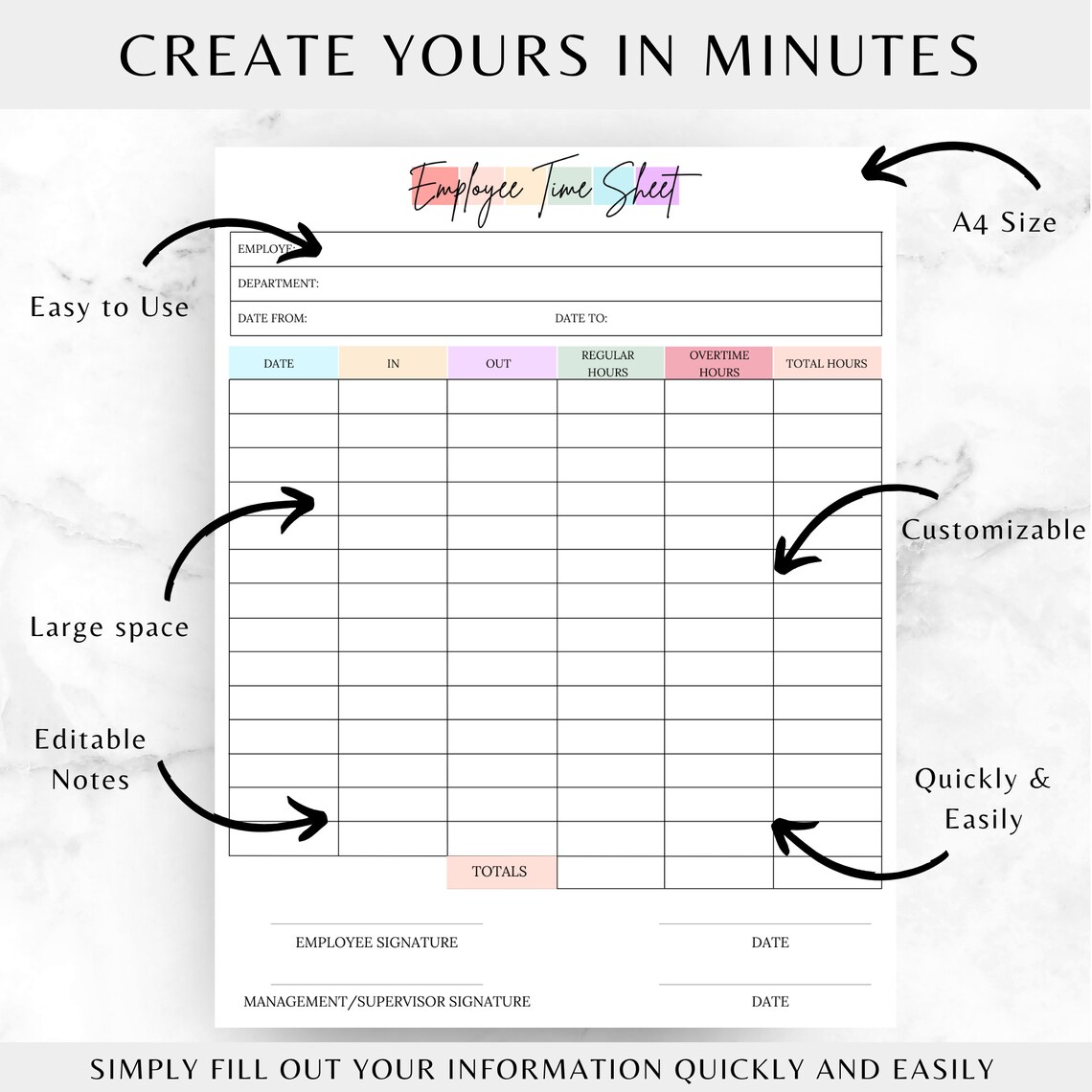 Editable EMPLOYEE TIME SHEET, Time Keeping Log, Printable Time Sheet ...
