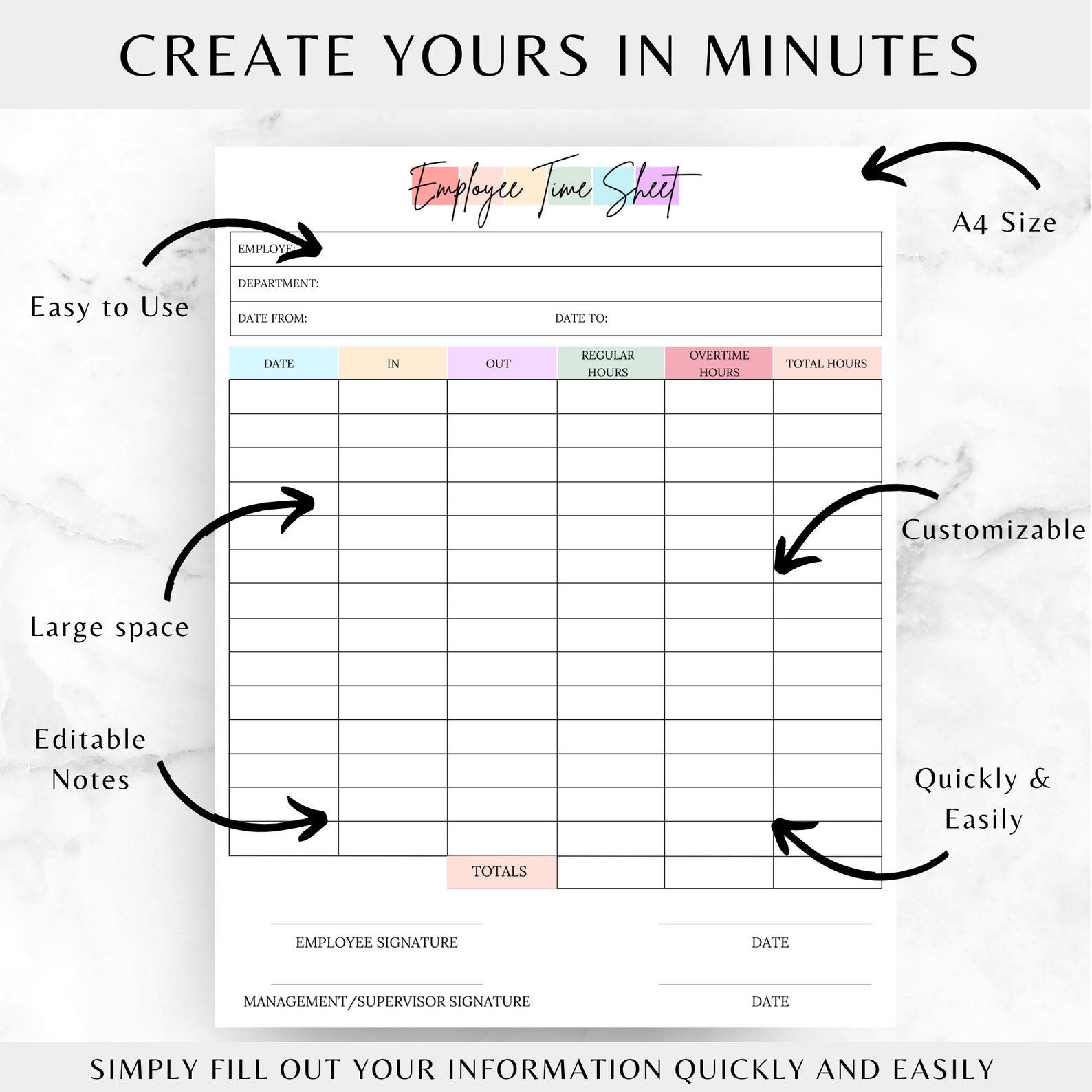 Editable EMPLOYEE TIME SHEET, Time Keeping Log, Printable Time Sheet ...