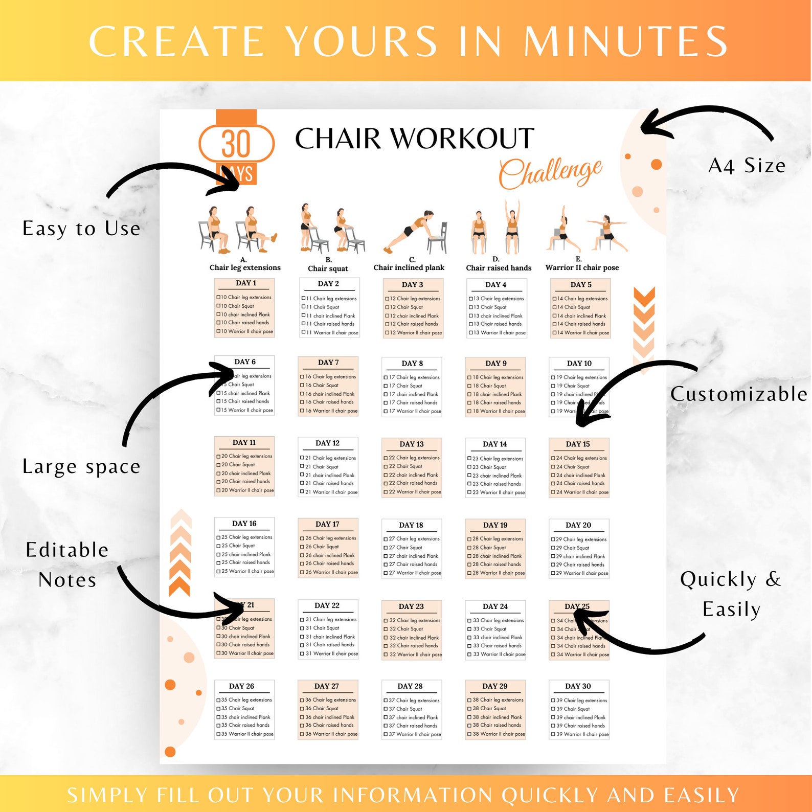 Editable 30 DAYS Chair Exercises Challenge, Chair Exercises, 30 Days ...