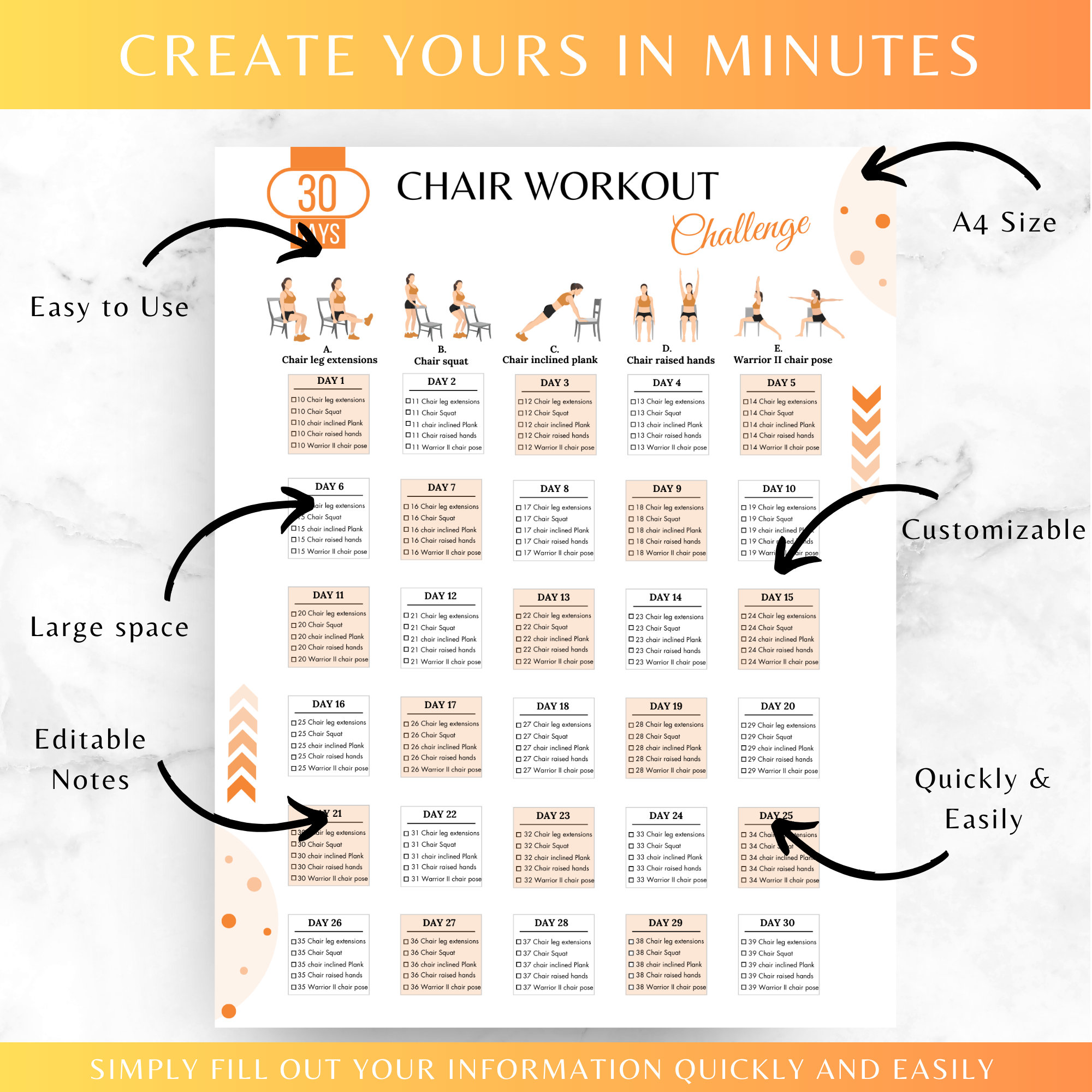 Editable 30 DAYS Chair Exercises Challenge, Chair Exercises, 30 Days ...