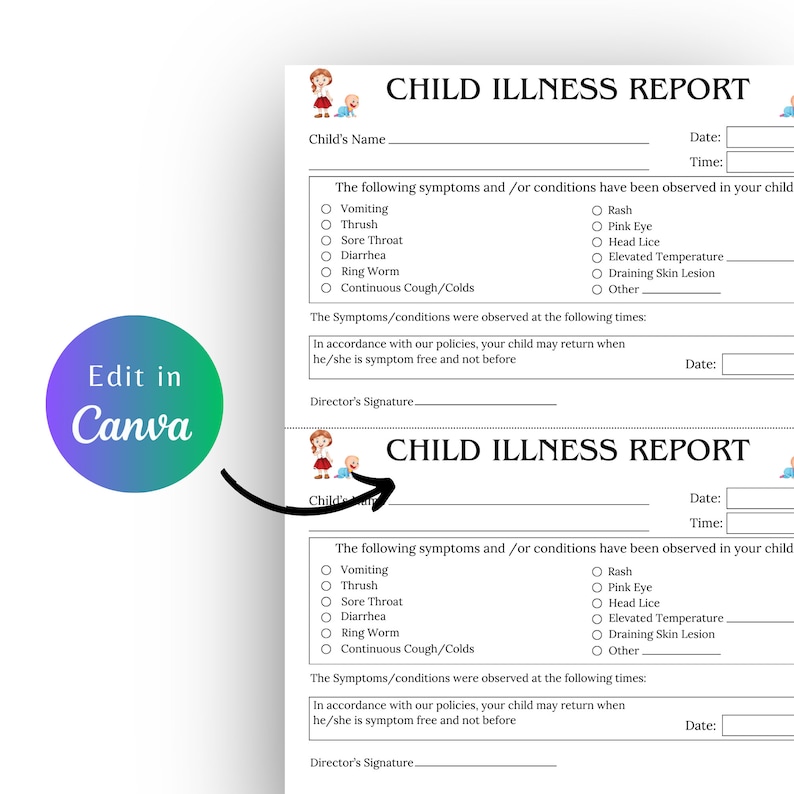 Editable CHILD ILLNESS NOTICE, Daycare Forms,child Illness Notice ...