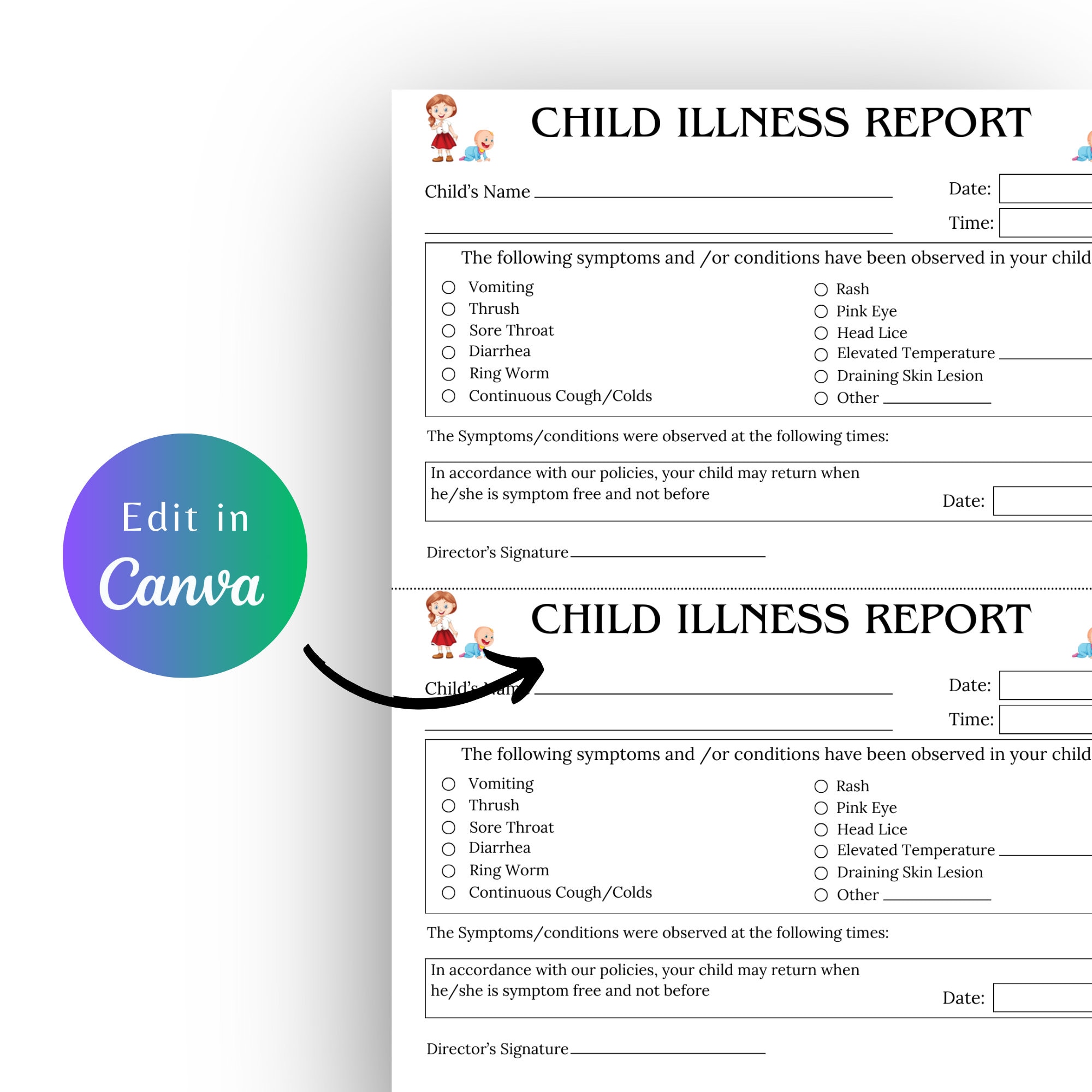 Editable CHILD ILLNESS NOTICE, Daycare Forms,child Illness Notice ...