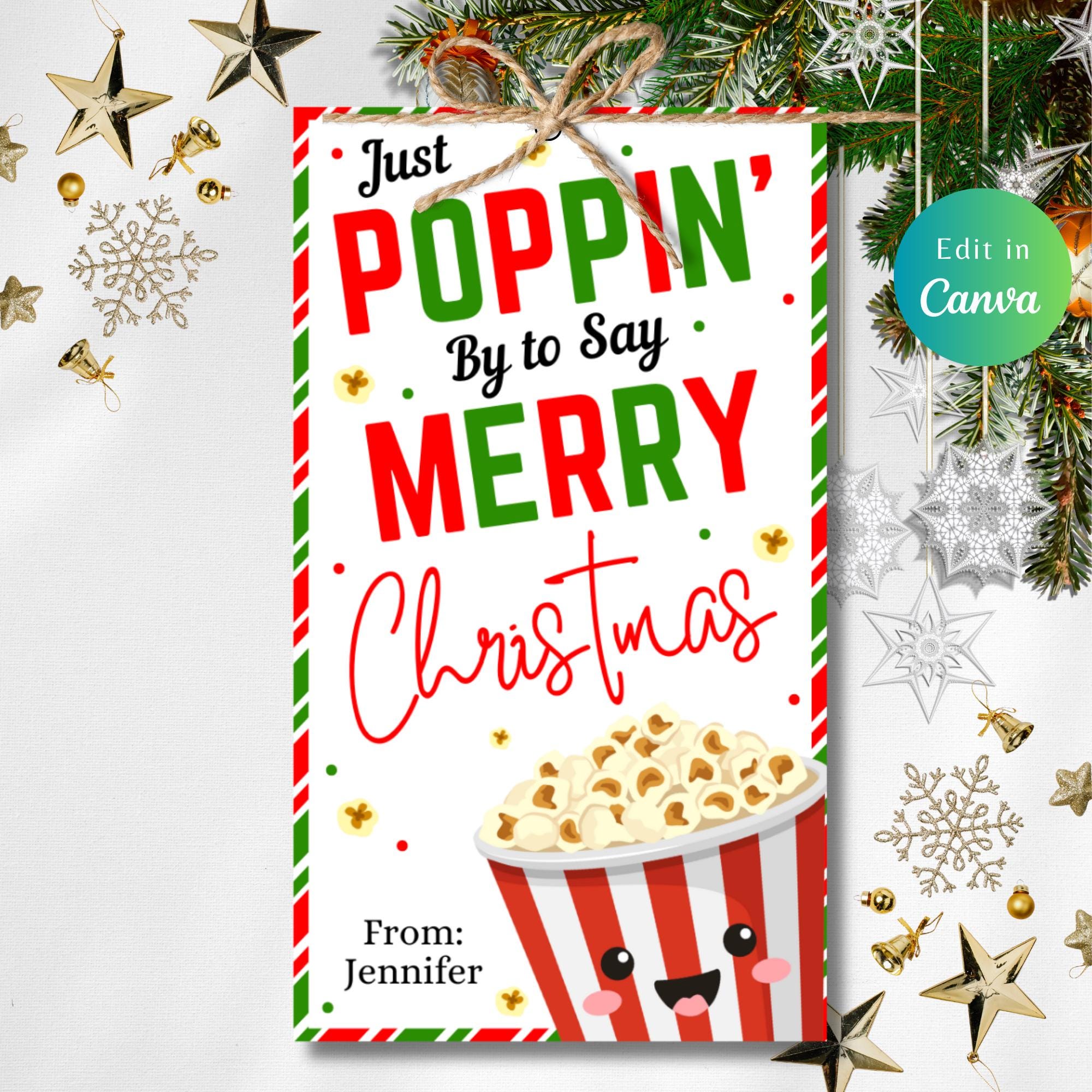 CHRISTMAS POPCORN GIFT Tag, Holiday Popcorn Treat Bag Tag Printable ...
