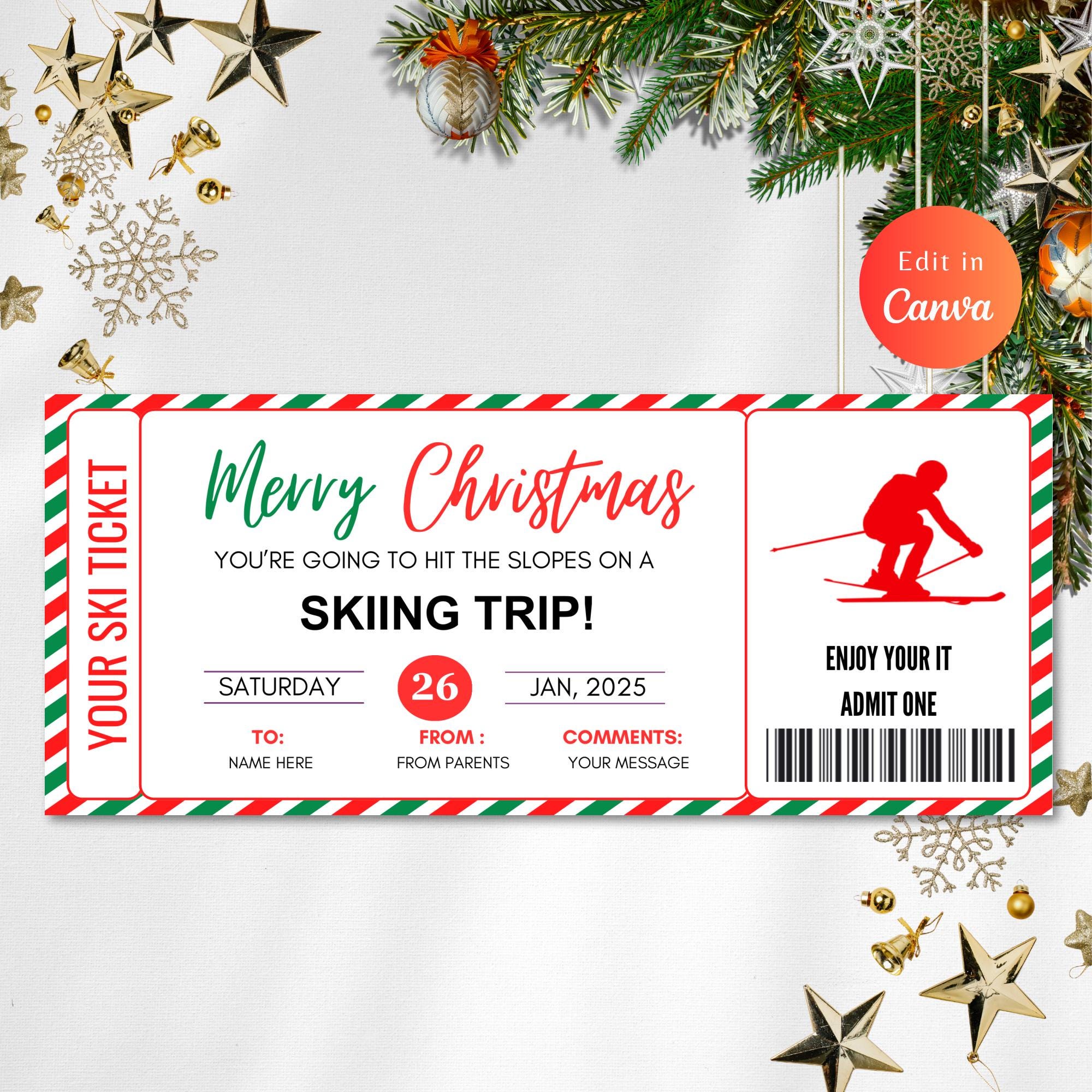 Editable Ski Pass Template Gift Certificate, BOARDING PASS, Christmas ...