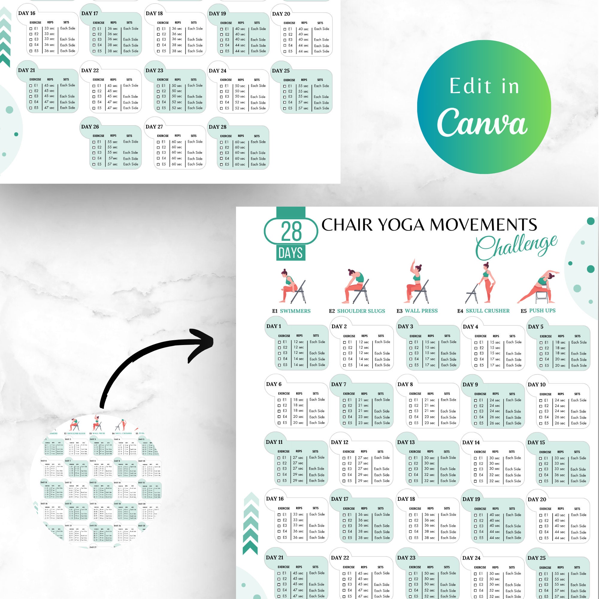 Editable 28 DAYS CHAIR YOGA Challenge, Chair Yoga, Chair Yoga Guide ...