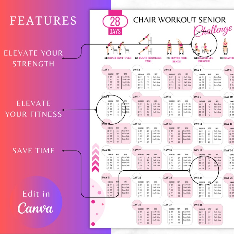 Editable 28 DAYS Chair Workout Seniors Challenge, Chair Workout Seniors ...