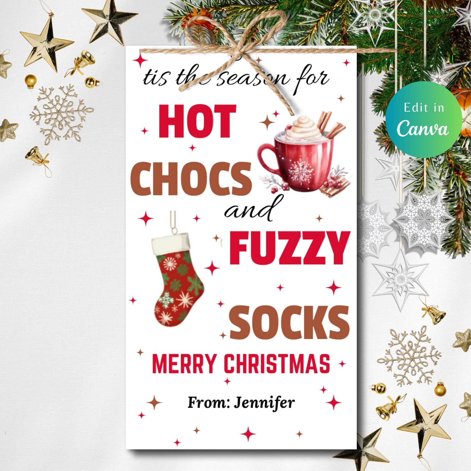 EDITABLE HOT CHOCOLATE and Fuzzy Socks Christmas Gift Tag, Printable ...