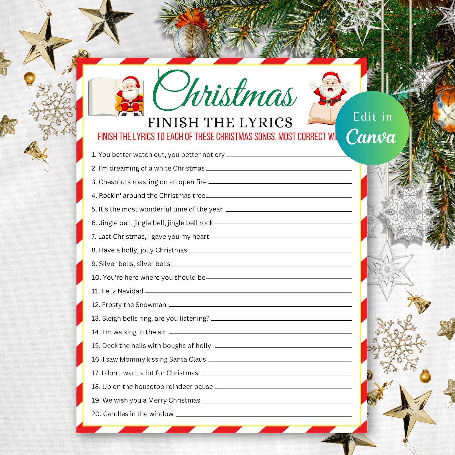 PRINTABLE CHRISTMAS SONG Lyrics Quiz, Printable, Party Game, Finish the ...