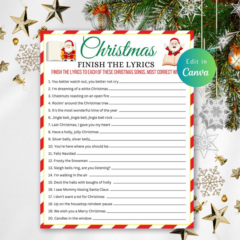 PRINTABLE CHRISTMAS SONG Lyrics Quiz, Printable, Party Game, Finish the ...