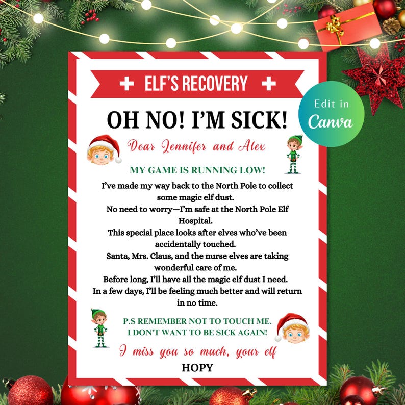 EDITABLE ELF RECOVERY Letter Touched Elf, Elf Letter, Elf Recovery ...