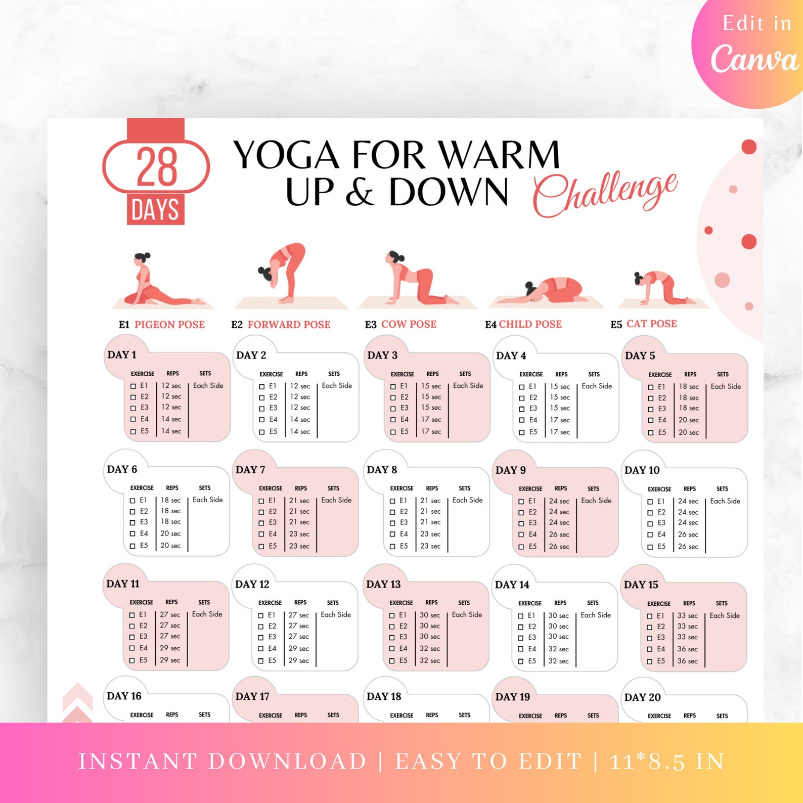 Editable 28 DAYS Yoga Warm up and Down Challenge, Warm up Exercise ...