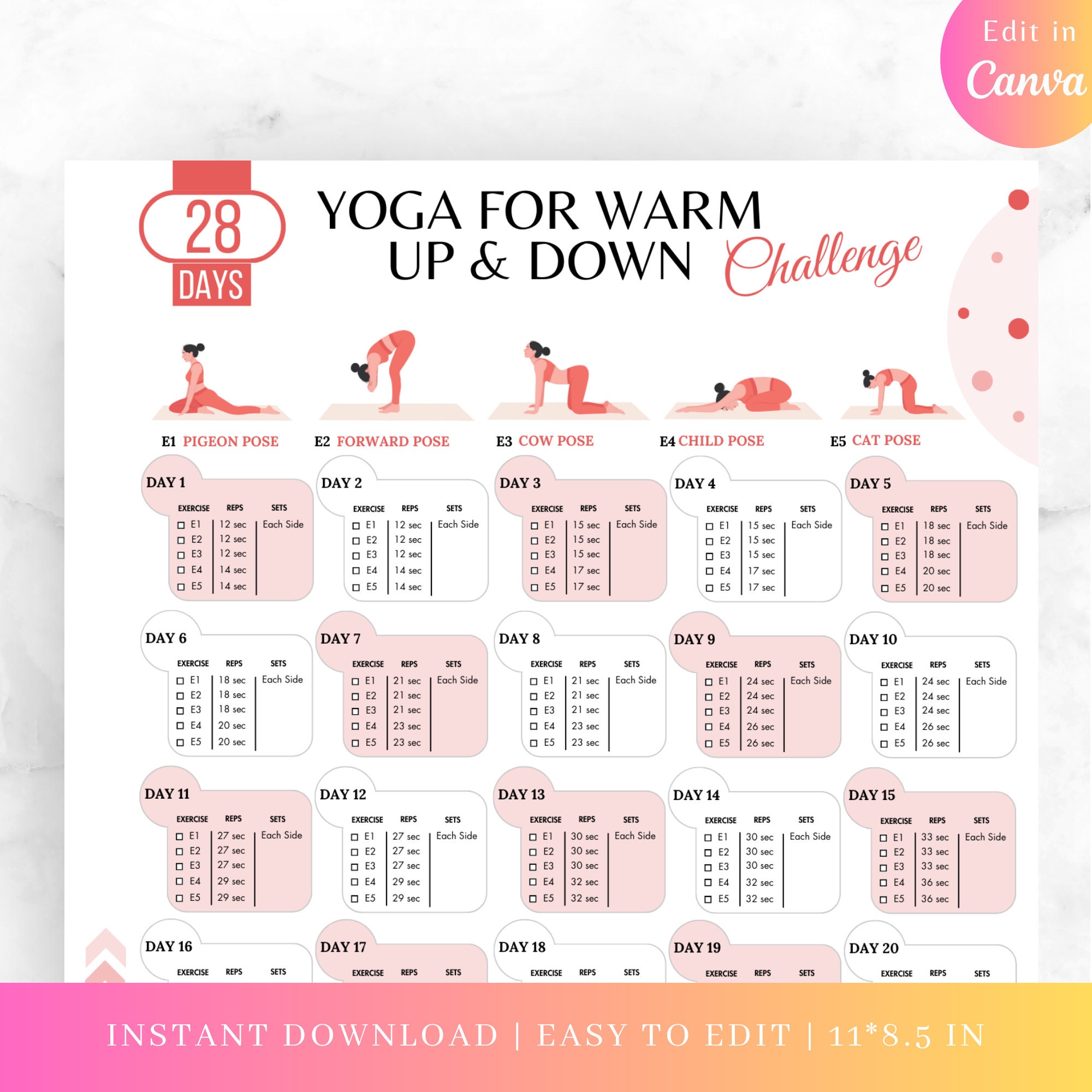 Editable 28 DAYS Yoga Warm up and Down Challenge, Warm up Exercise ...