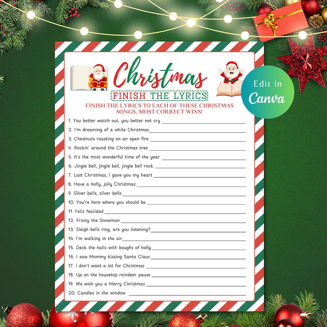 PRINTABLE CHRISTMAS SONG Lyrics Quiz, Printable, Party Game, Finish the ...