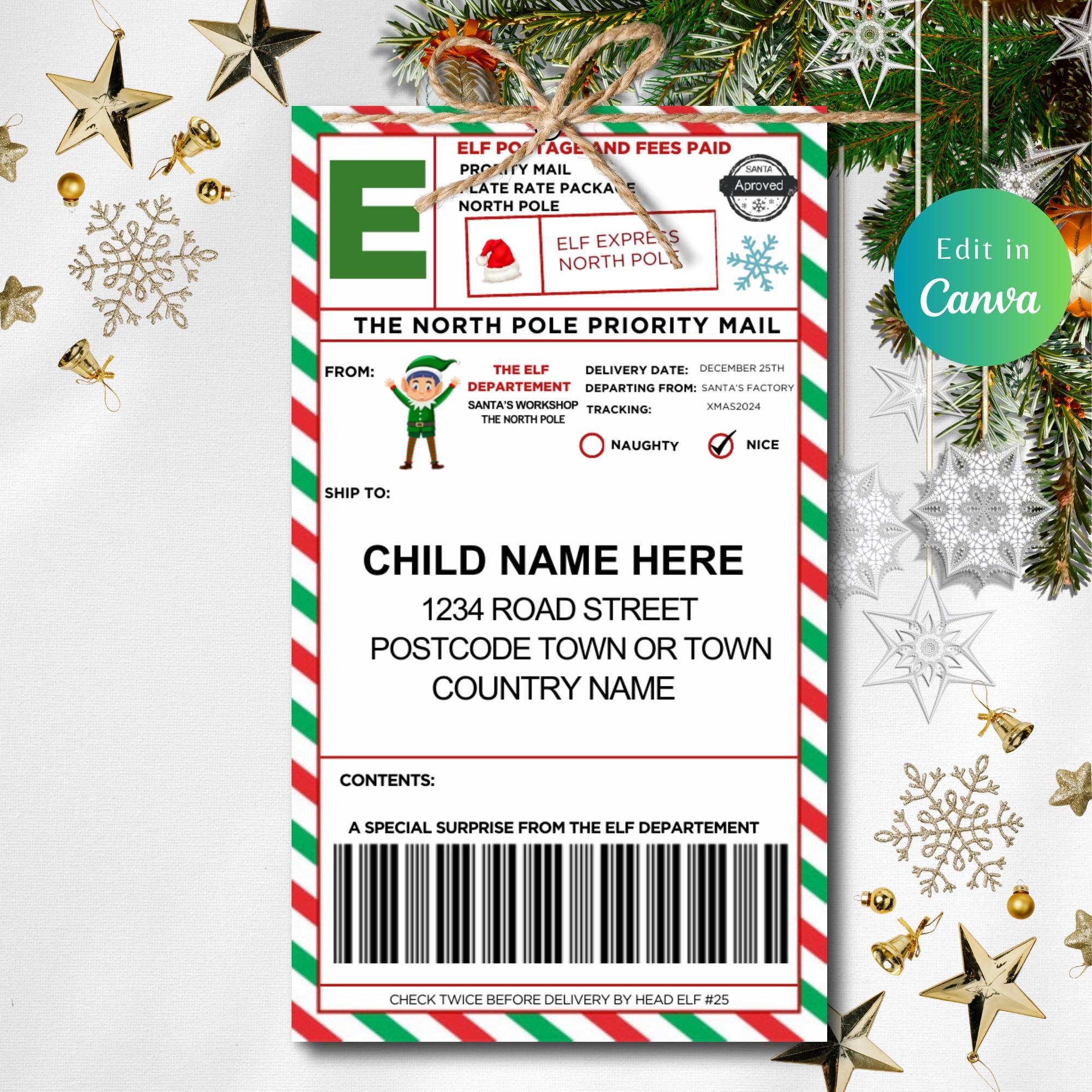 EDITABLE Elf Mail Shipping Label, CHRISTMAS ELF, Northpole Gift Tags ...