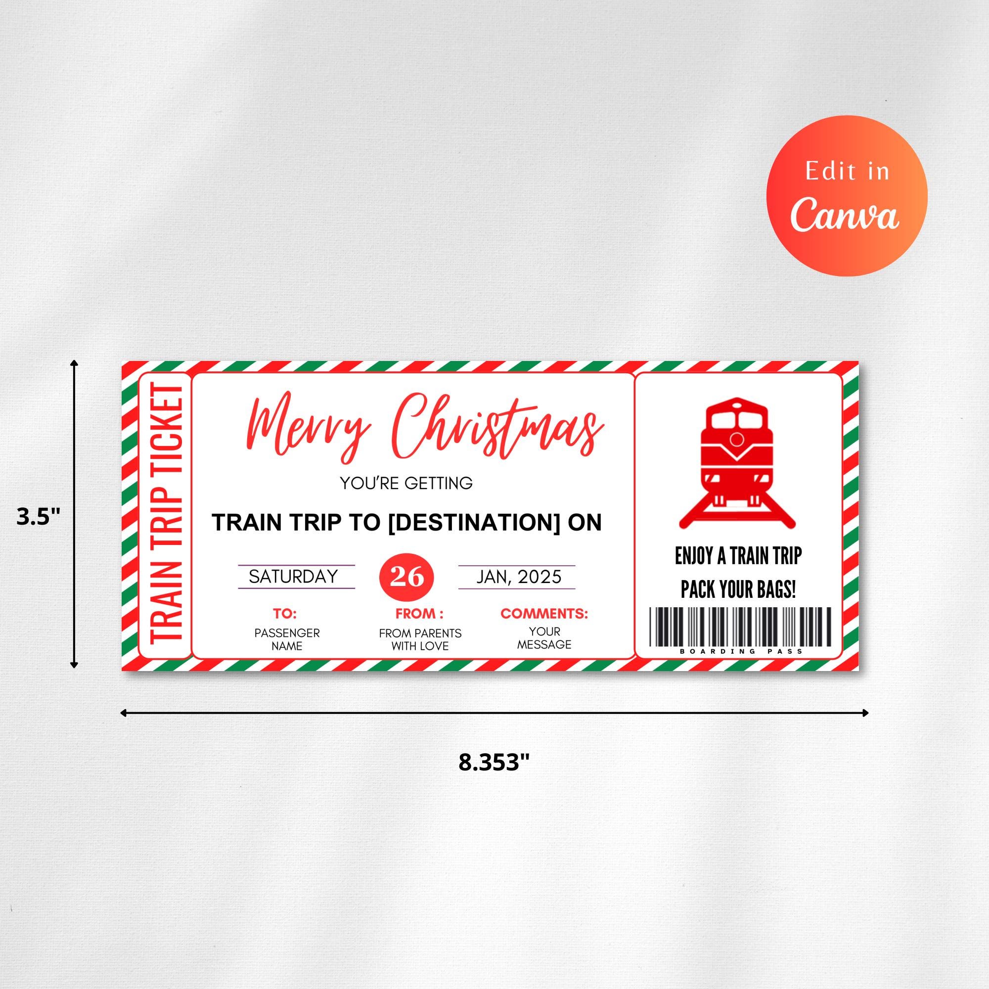 EDITABLE Christmas Train Ticket, Boarding Pass Template Surprise Trip ...