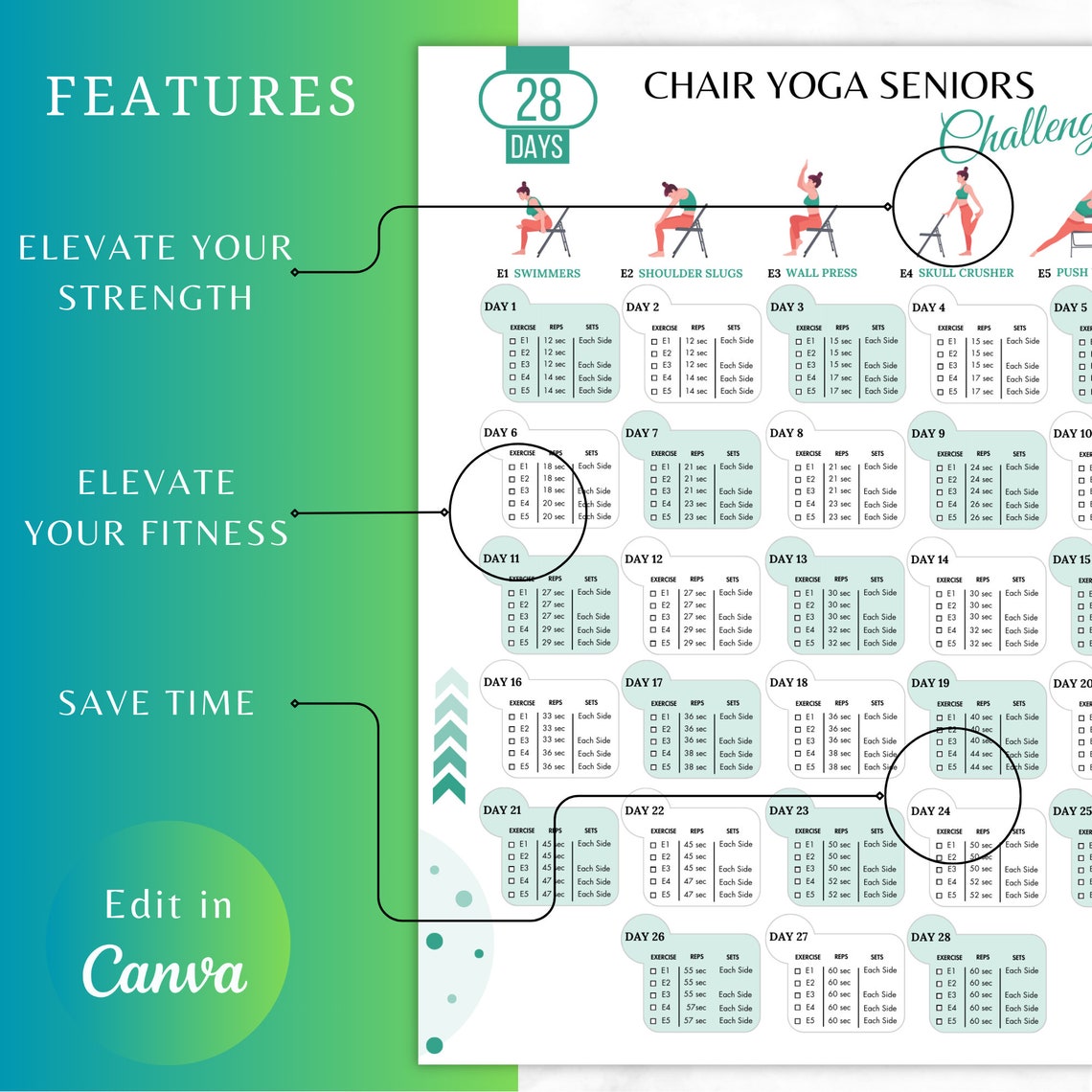Editable 28 DAYS Chair Yoga Seniors Challenge, Chair Yoga Seniors, 28 ...