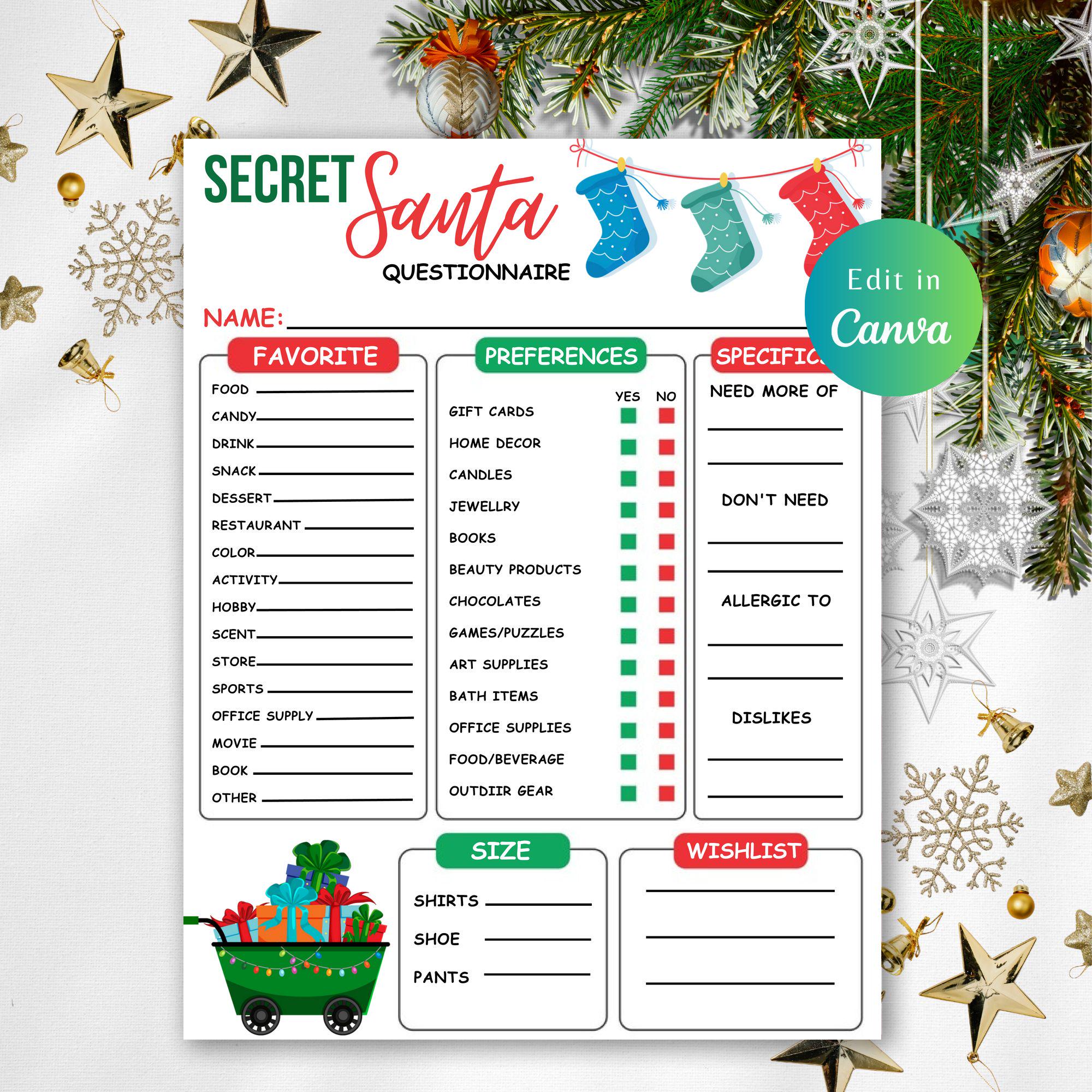 EDITABLE SECRET SANTA Survey, Work Gift Exchange, Secret Santa Form ...