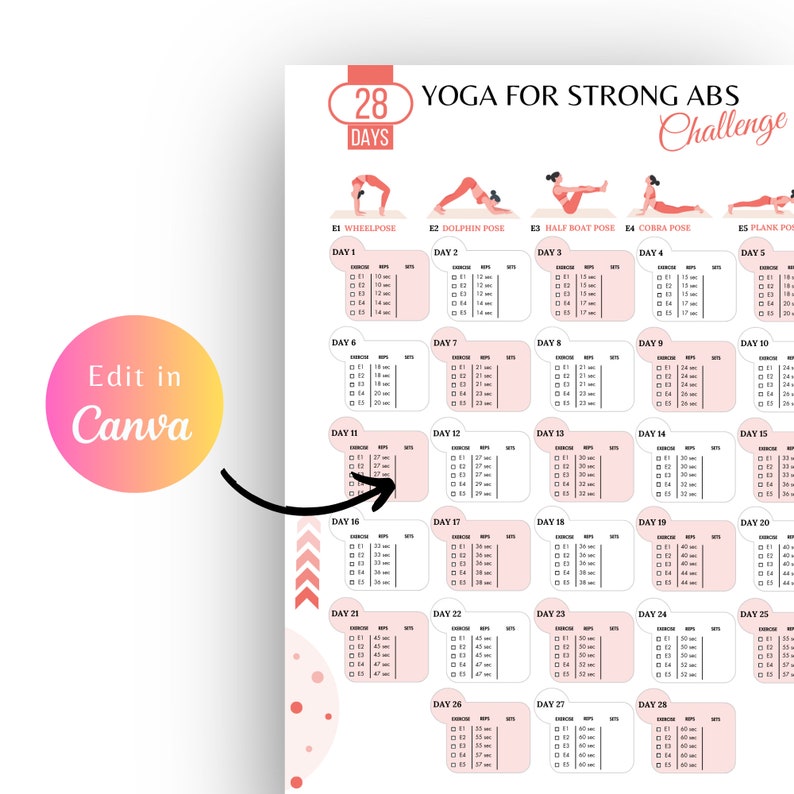 Editable 28 DAYS Yoga for Strong ABS Challenge, Strong Abs, 28 Days ...