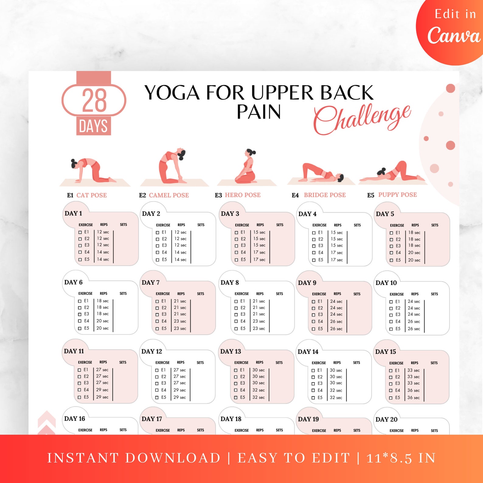 Editable 28 Days Yoga for Upper Back Pain Challenge, Back Pain, Upper ...