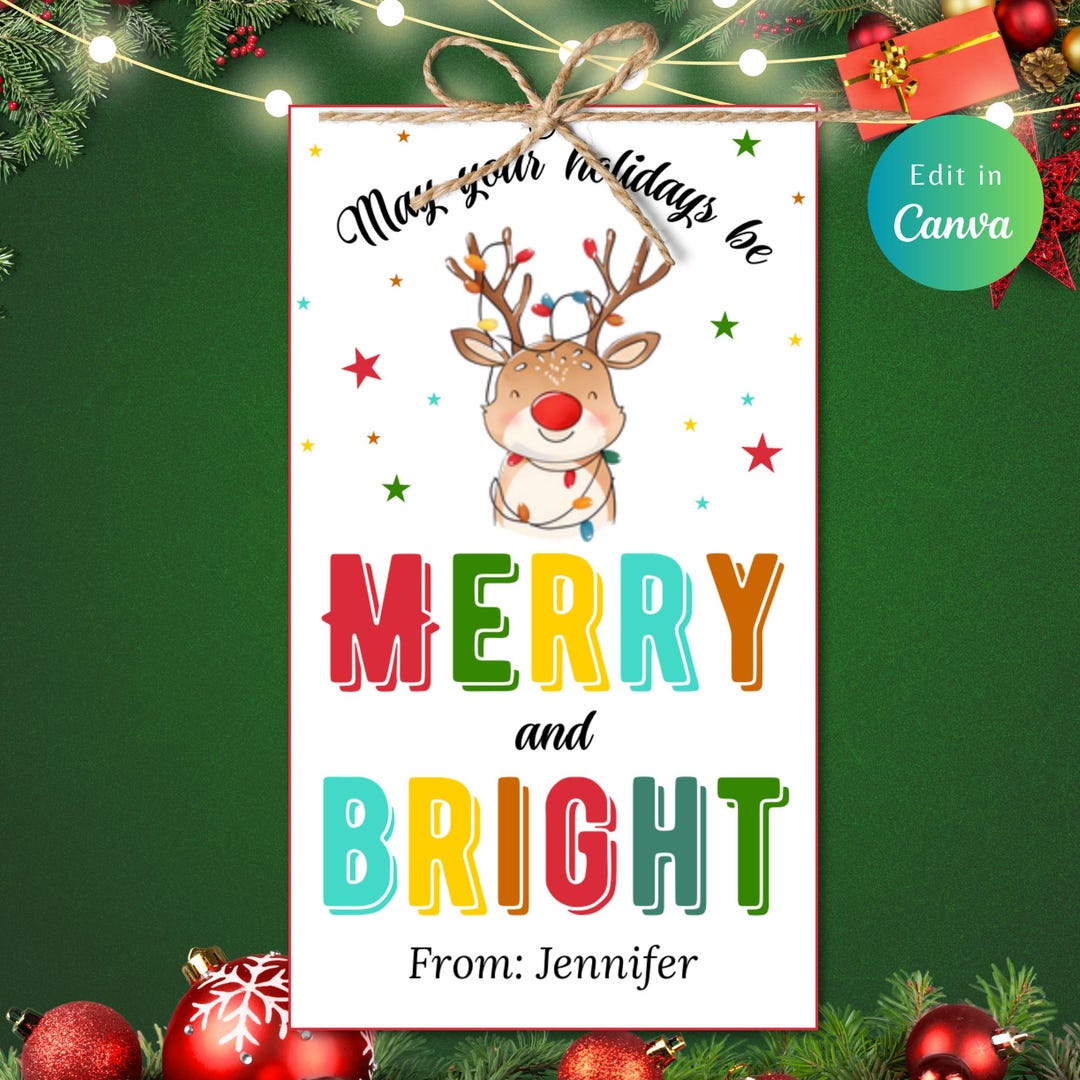 Editable CHRISTMAS Gift Tags, Merry & Bright Holiday Tags, Reindeer ...