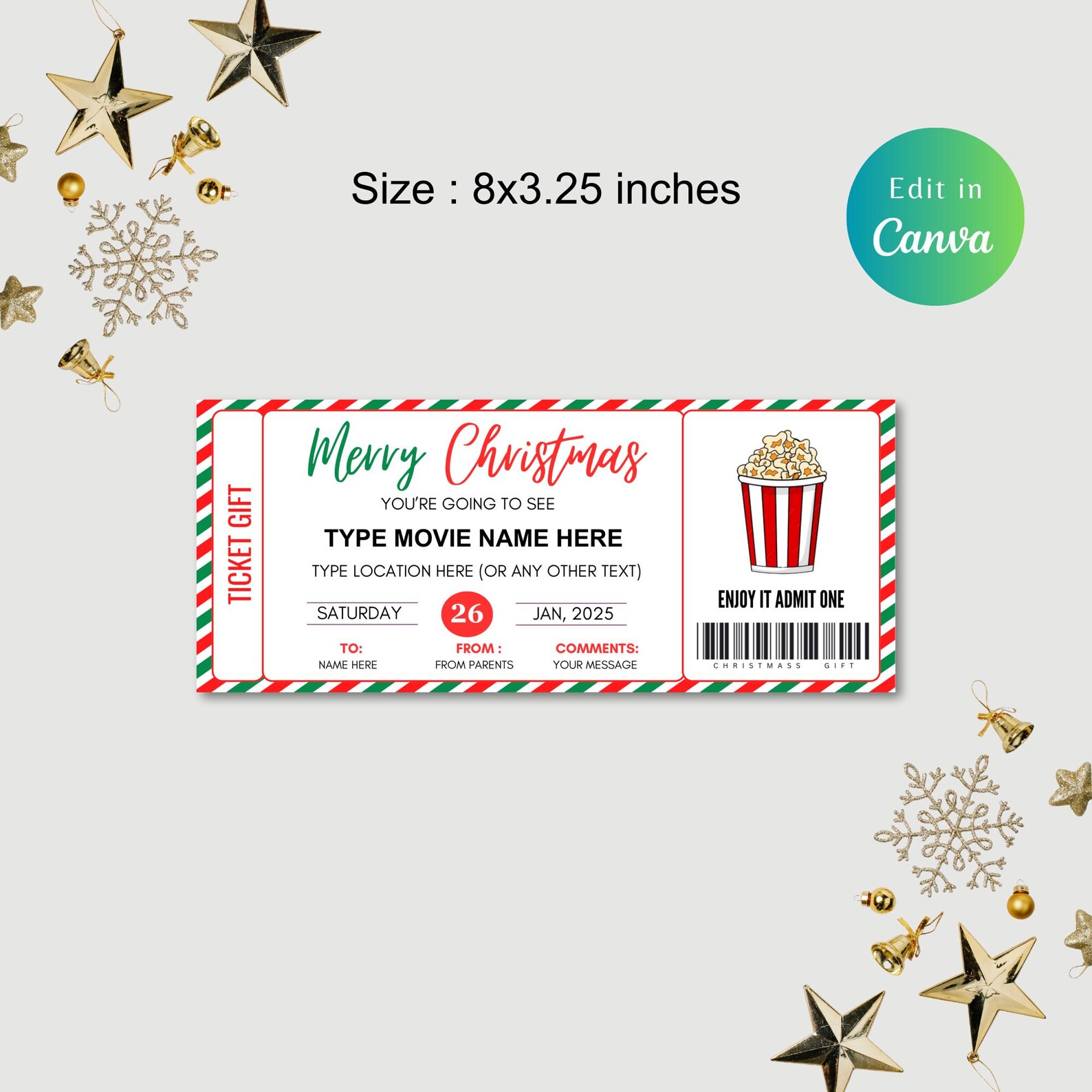 Editable CHRISTMAS MOVIE Ticket Gift Certificate, Christmas Gift, Last ...