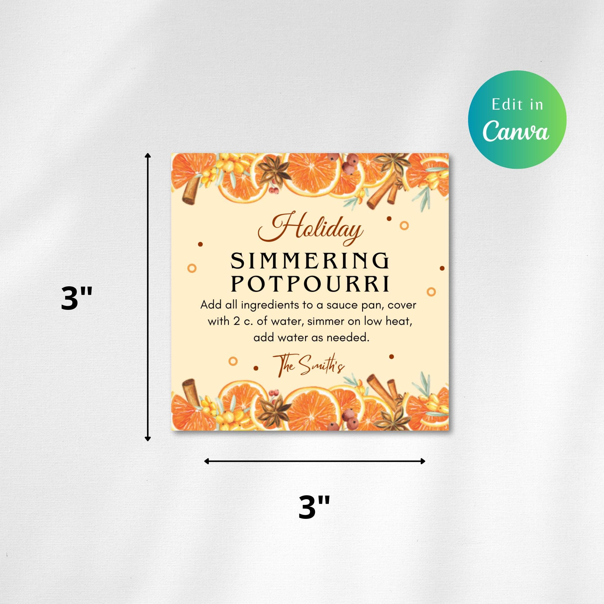 Editable SIMMER POT Instructions Tag, Editable, Holiday, Christmas ...
