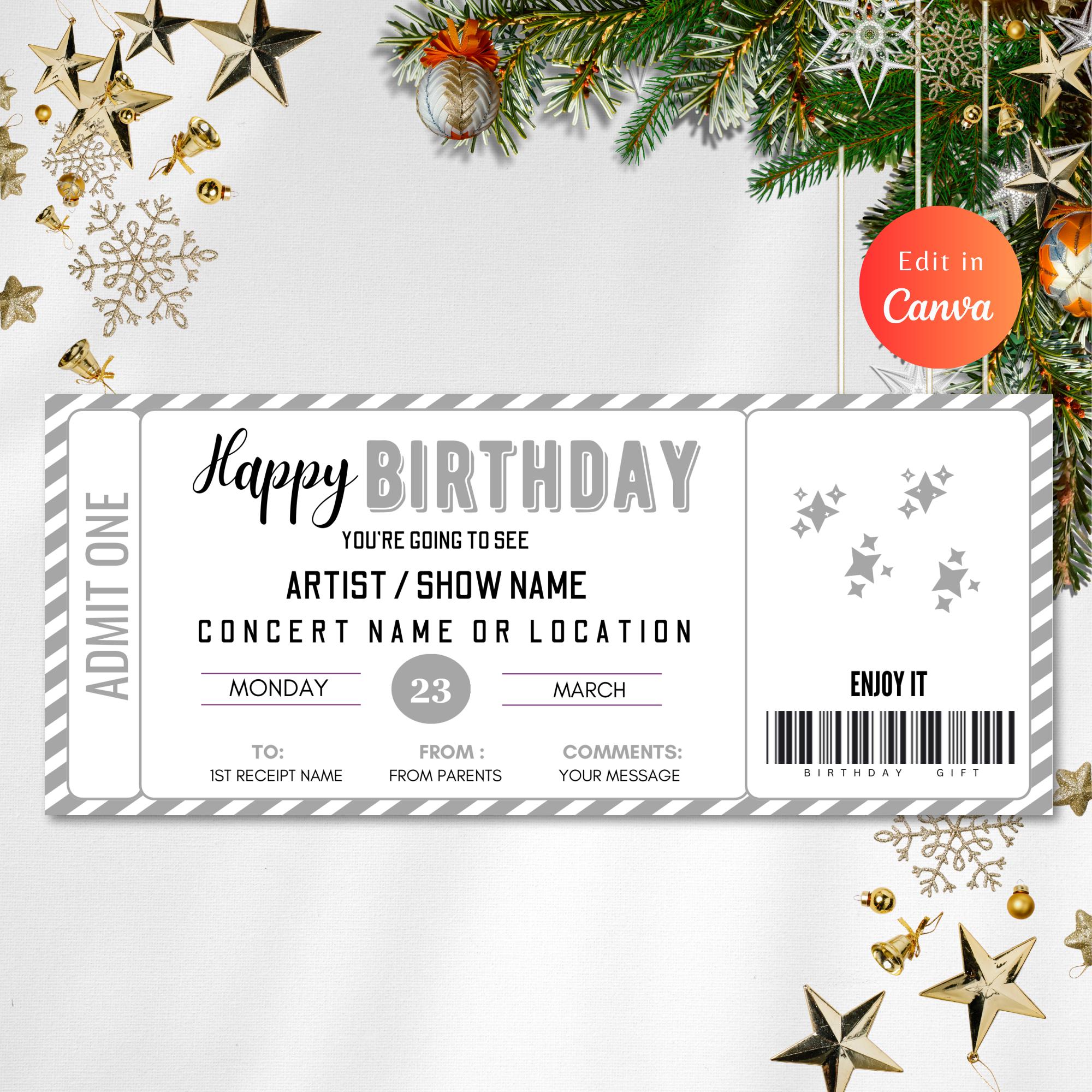 Editable Birthday Gift CONCERT TICKET TEMPLATE, Concert Ticket, Concert ...