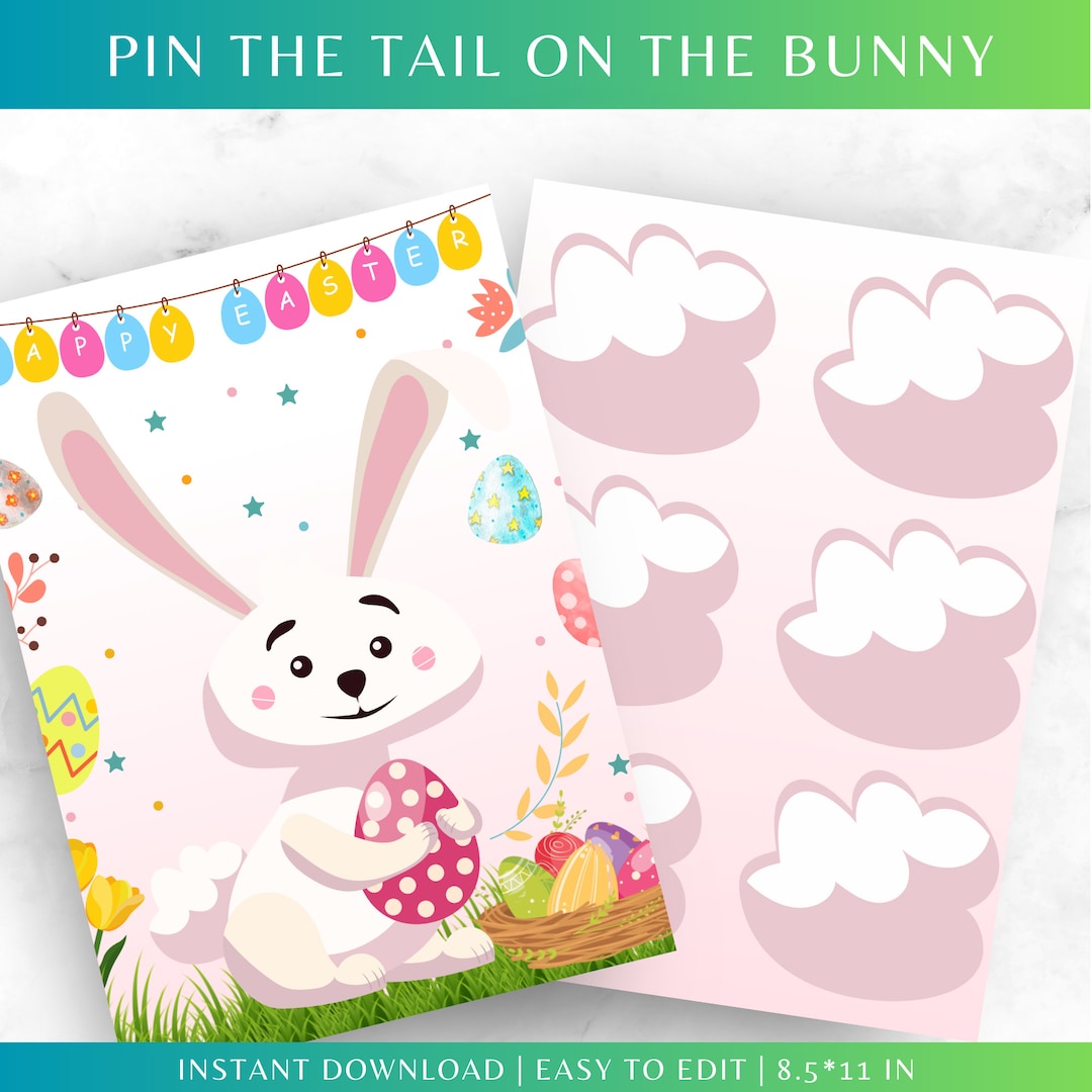 Printable PIN THE Tail on the Bunny/rabbit, Easter Party, Pink Yellow ...
