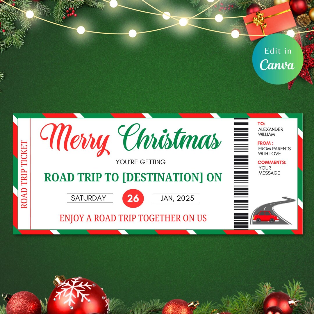 EDITABLE Road Trip Ticket Template, CHRISTMAS GIFT, Surprise Trip ...