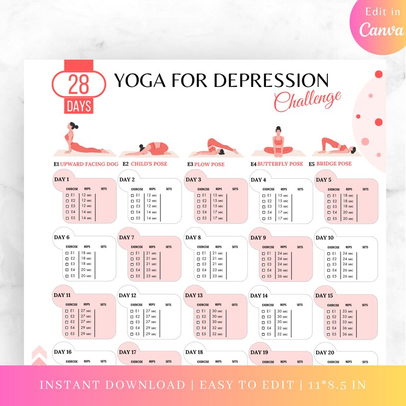 Editable 28 DAYS Yoga for Depression Challenge, Depression Workout, 28 ...