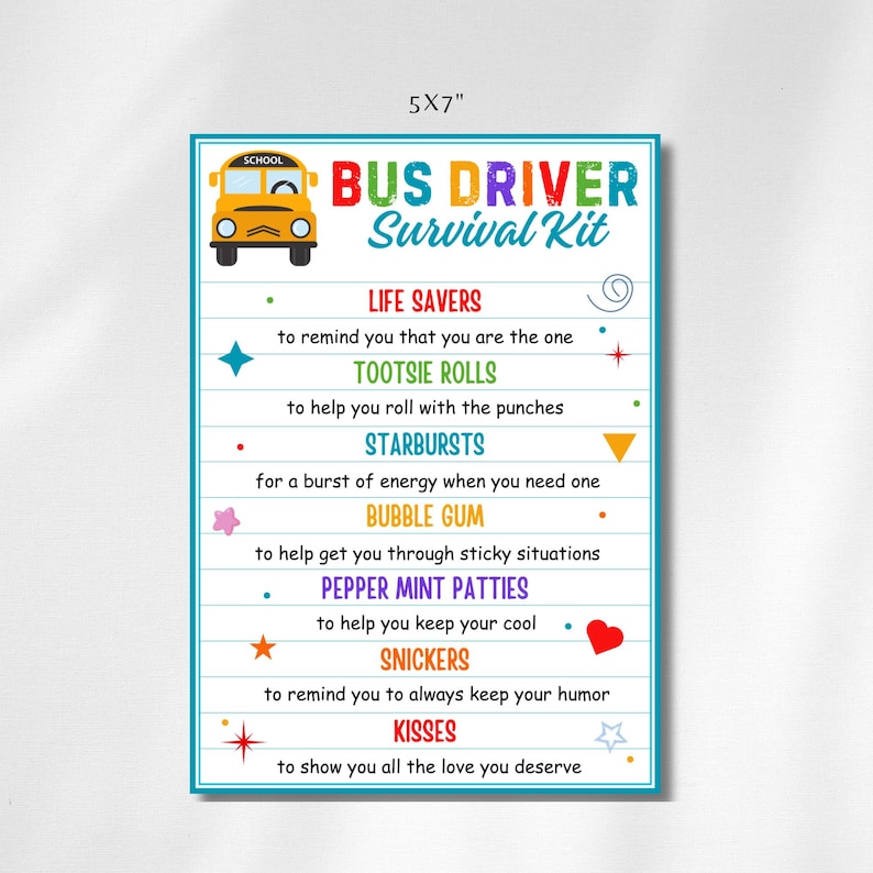 Editable BUS DRIVER Survival Kit Gift Tag, School Bus Driver Thank You ...