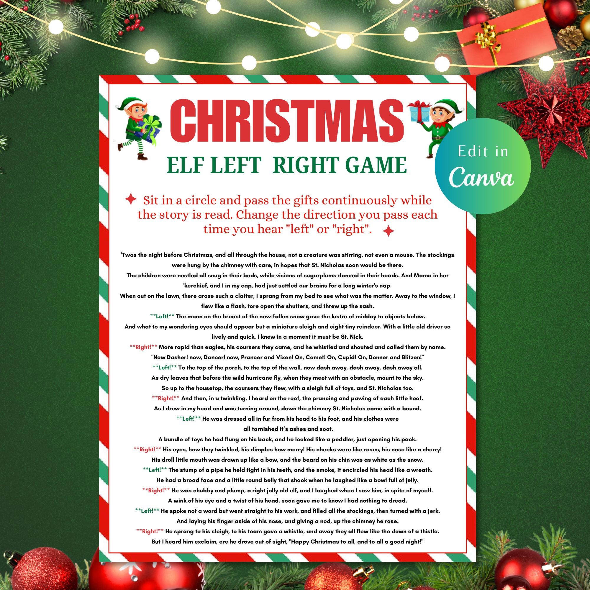 Editable LEFT RIGHT Christmas Game, Twas the Night Game, Left Right ...