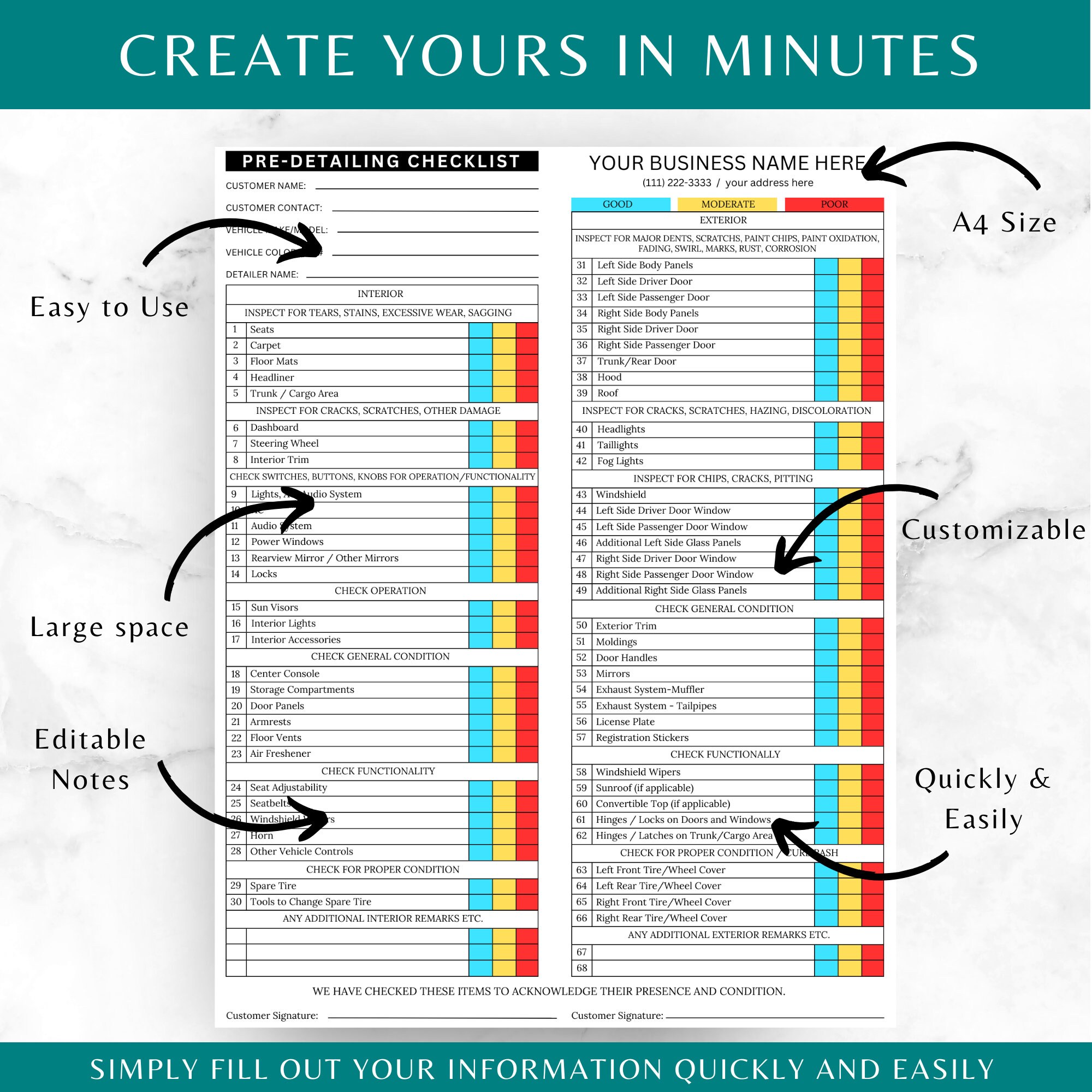 Pre-detailing VEHICLE Inspection,vehicle Inspection Form,multi-point ...