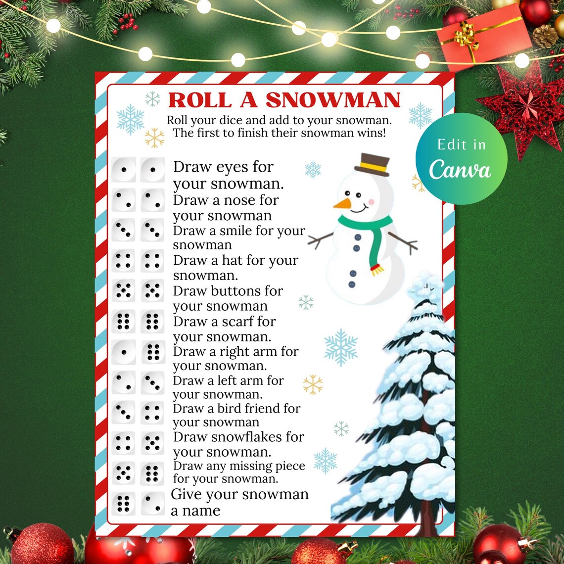ROLL A SNOWMAN, Printable Game, Fun Xmas Quiz, Family Holiday Game ...