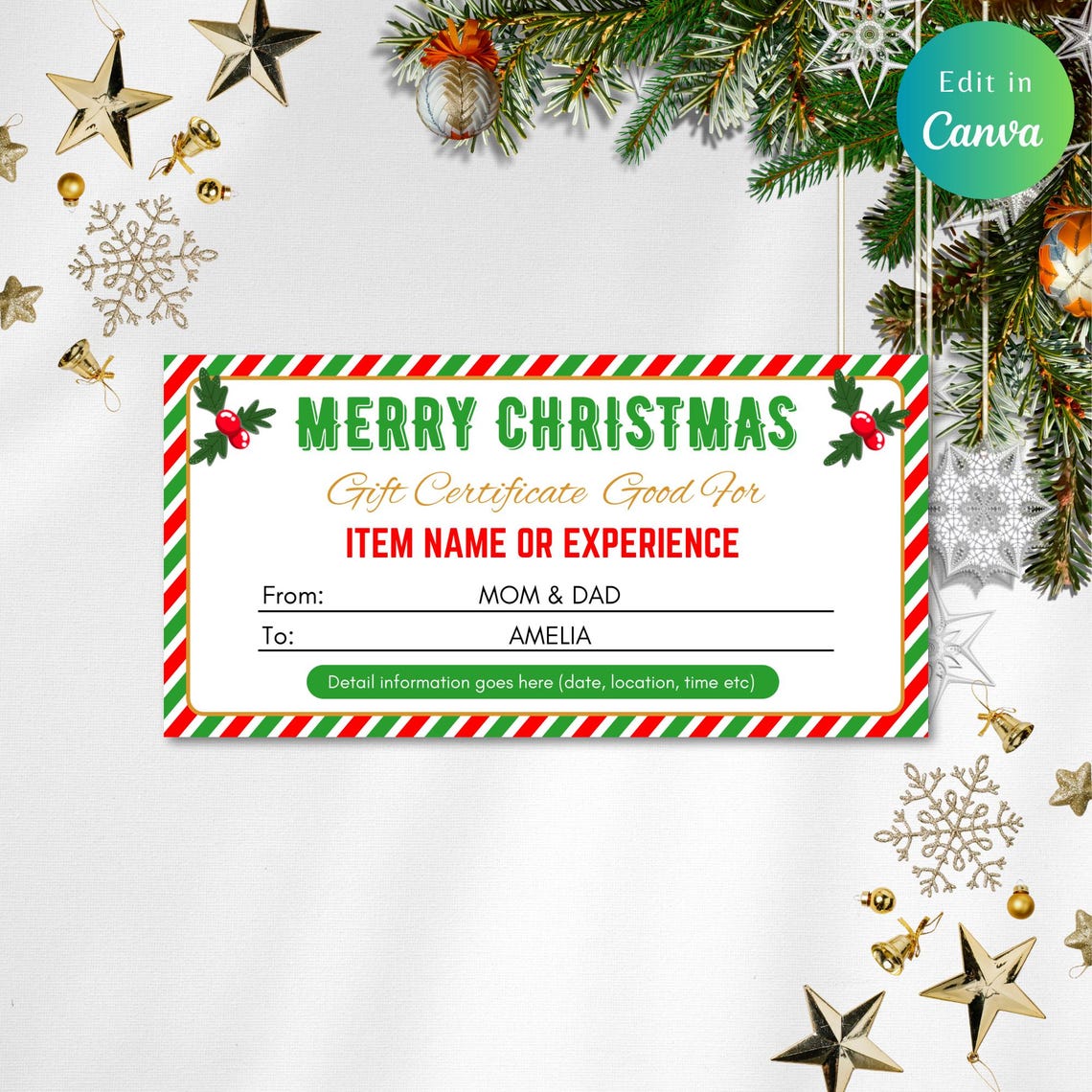 Editable CHRISTMAS GIFT Certificate Template, Christmas Voucher ...