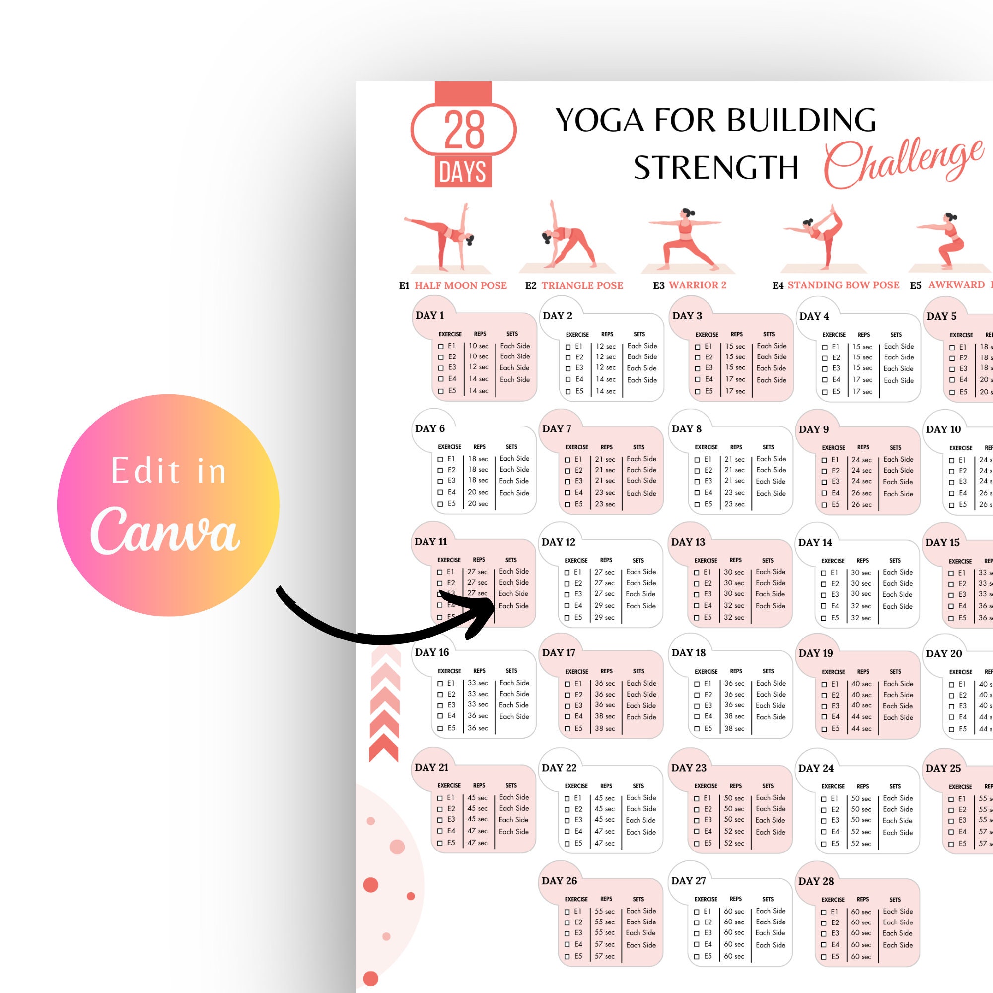Editable 28 DAYS Yoga for Building Strength Challenge, Building ...