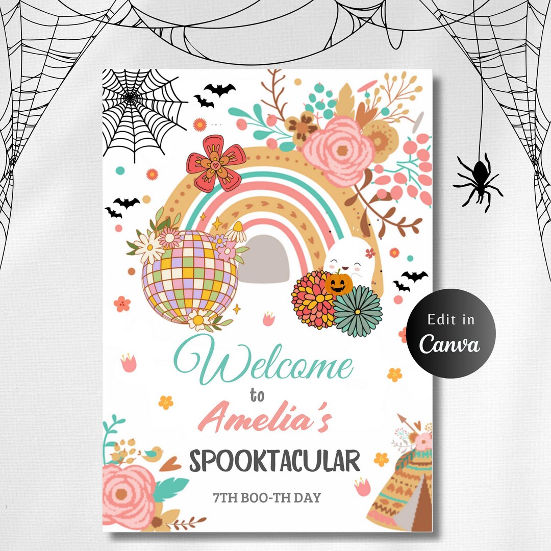 EDITABLE SPOOKY HALLOWEEN Ghost Birthday Party, Welcome Sign Groovy ...