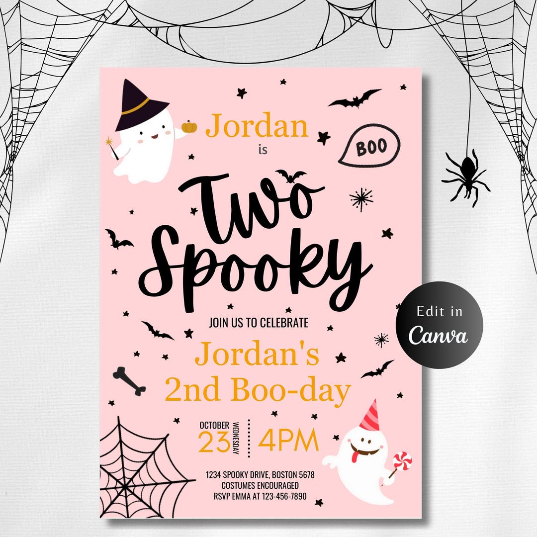 EDITABLE Two Spooky Halloween Ghost 2nd Birthday Party Invitation, Cute ...