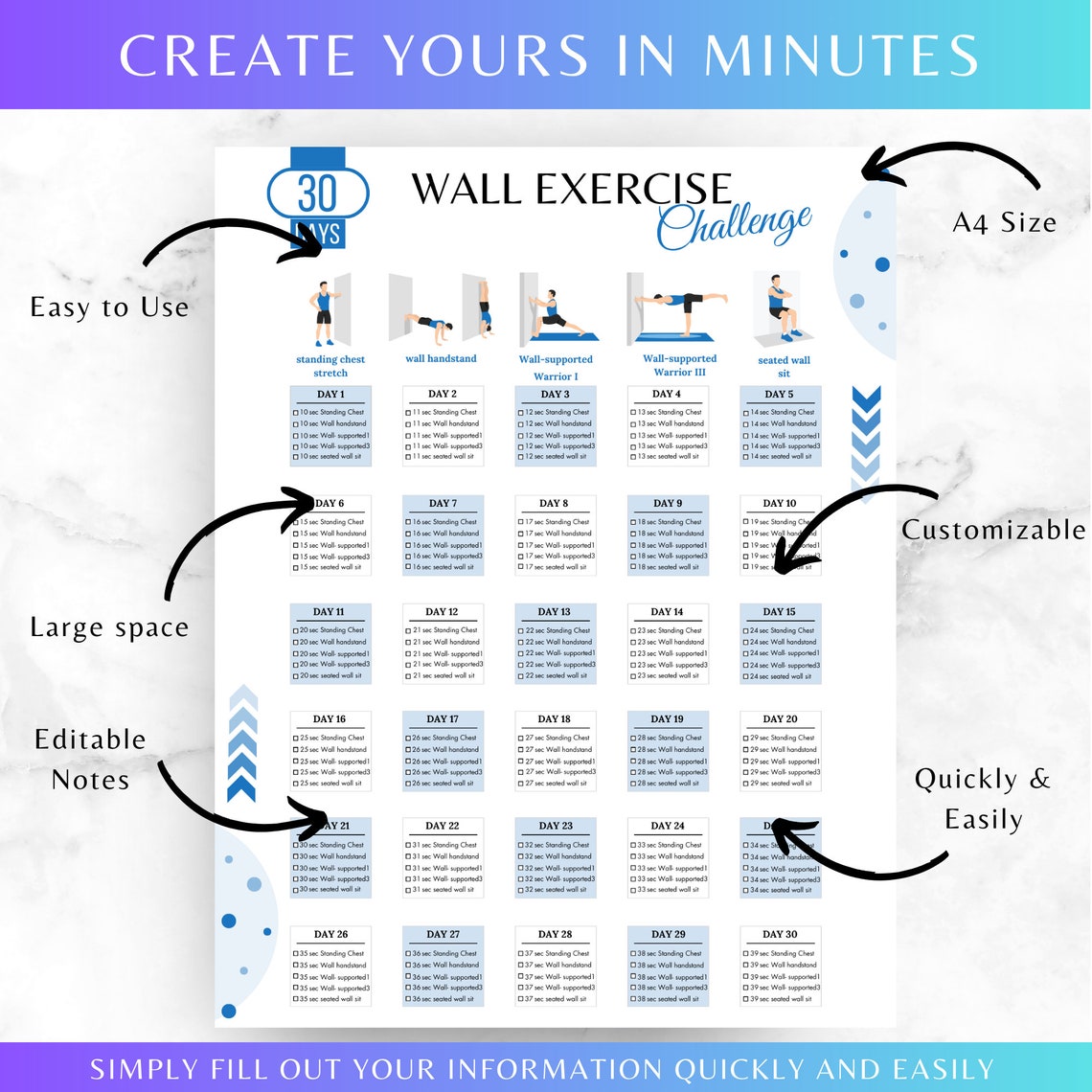 Editable 30 DAYS Wall Exercise Challenge, Wall Exercise, 30 Days ...