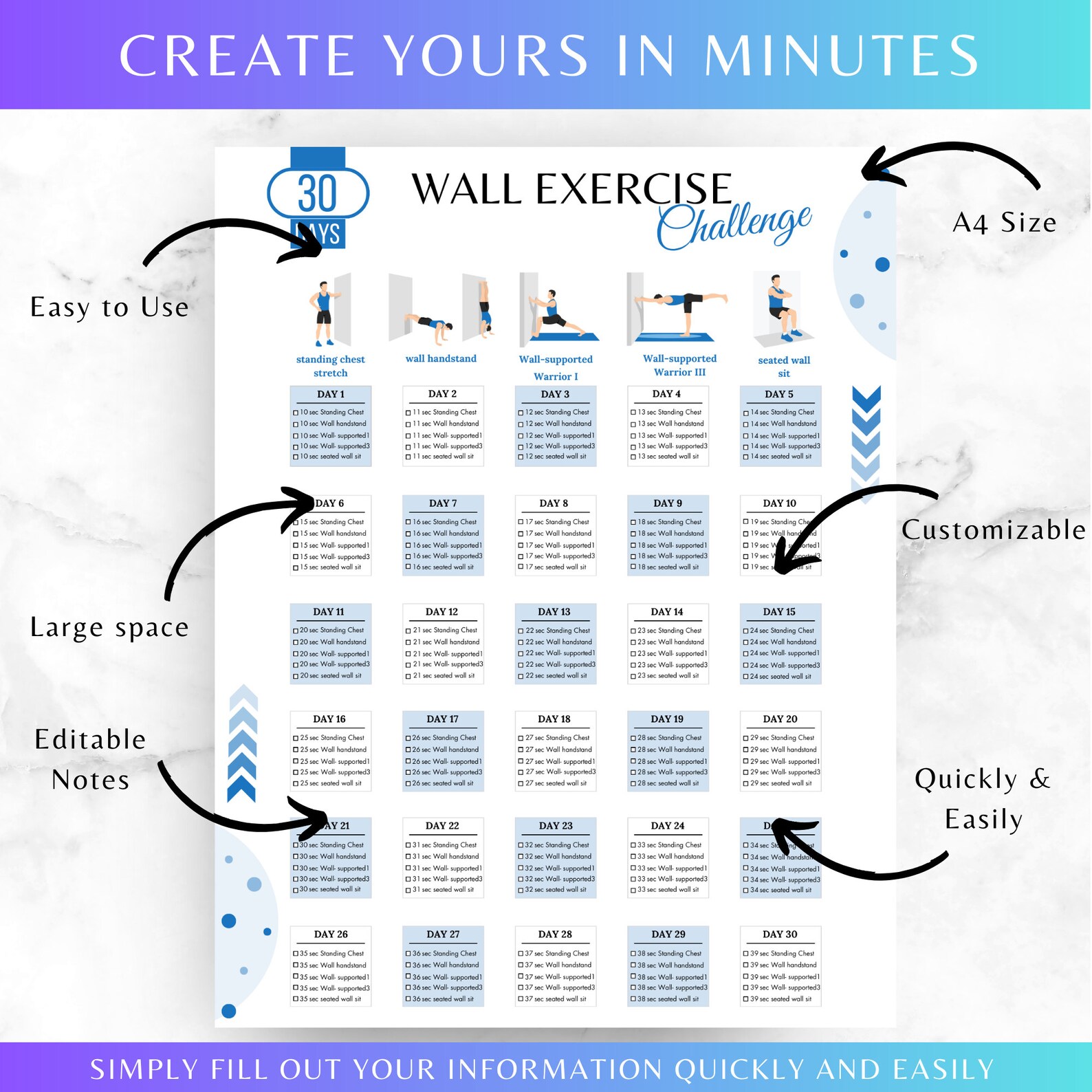 Editable 30 DAYS Wall Exercise Challenge, Wall Exercise, 30 Days ...