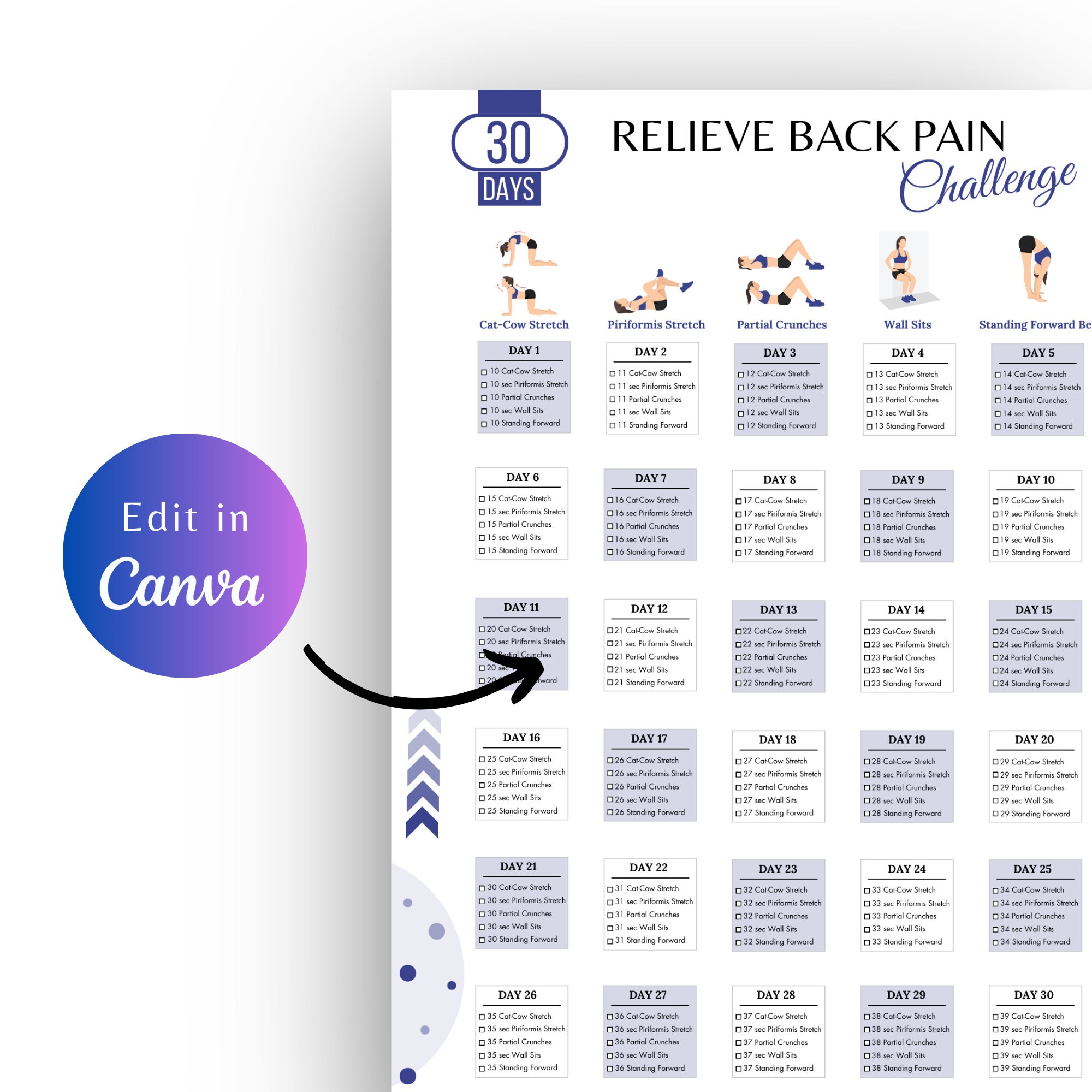 Editable 30 DAYS Relieve Back Pain Challenge, Back Pain, Relieve Back ...
