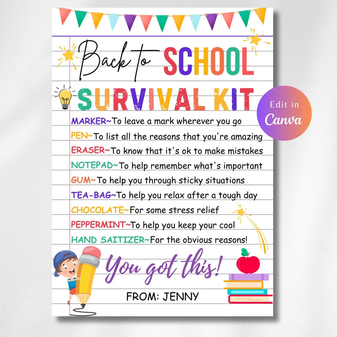 BACK TO SCHOOL Teacher Survival Kit Printable Gift Tag, First Day of ...