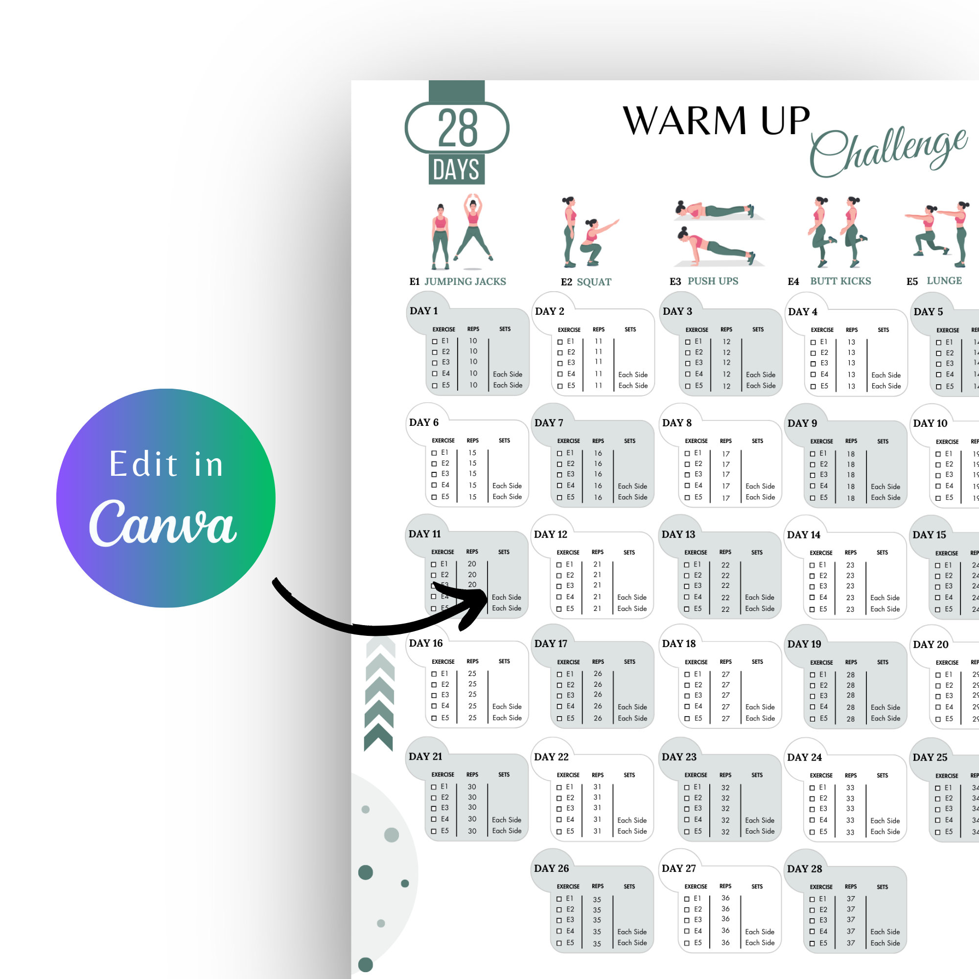 Editable 28 DAYS Warm up Challenge, Warm up Exercise Guide, Warm Up ...