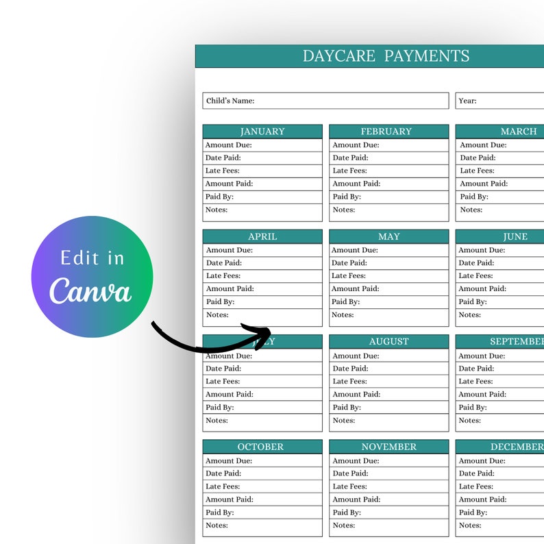 DAYCARE PAYMENTS PRINTABLE, Payment Record, Tuition Log, Home Daycare ...