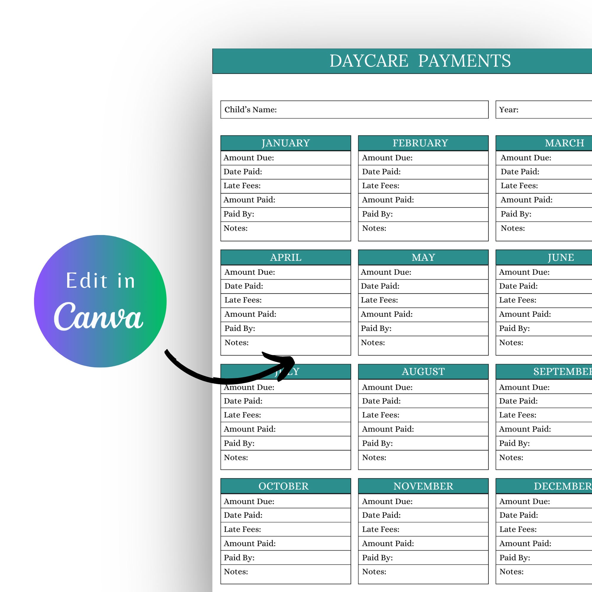 DAYCARE PAYMENTS PRINTABLE, Payment Record, Tuition Log, Home Daycare ...
