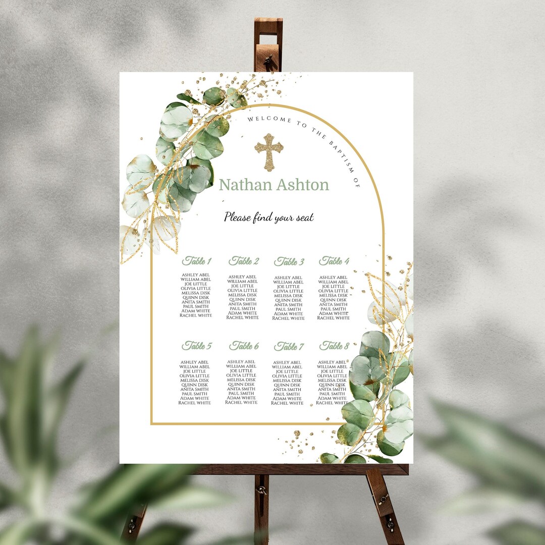 Eucalyptus Seating Chart, Green Leaves, Gold Arch (editable Digital ...