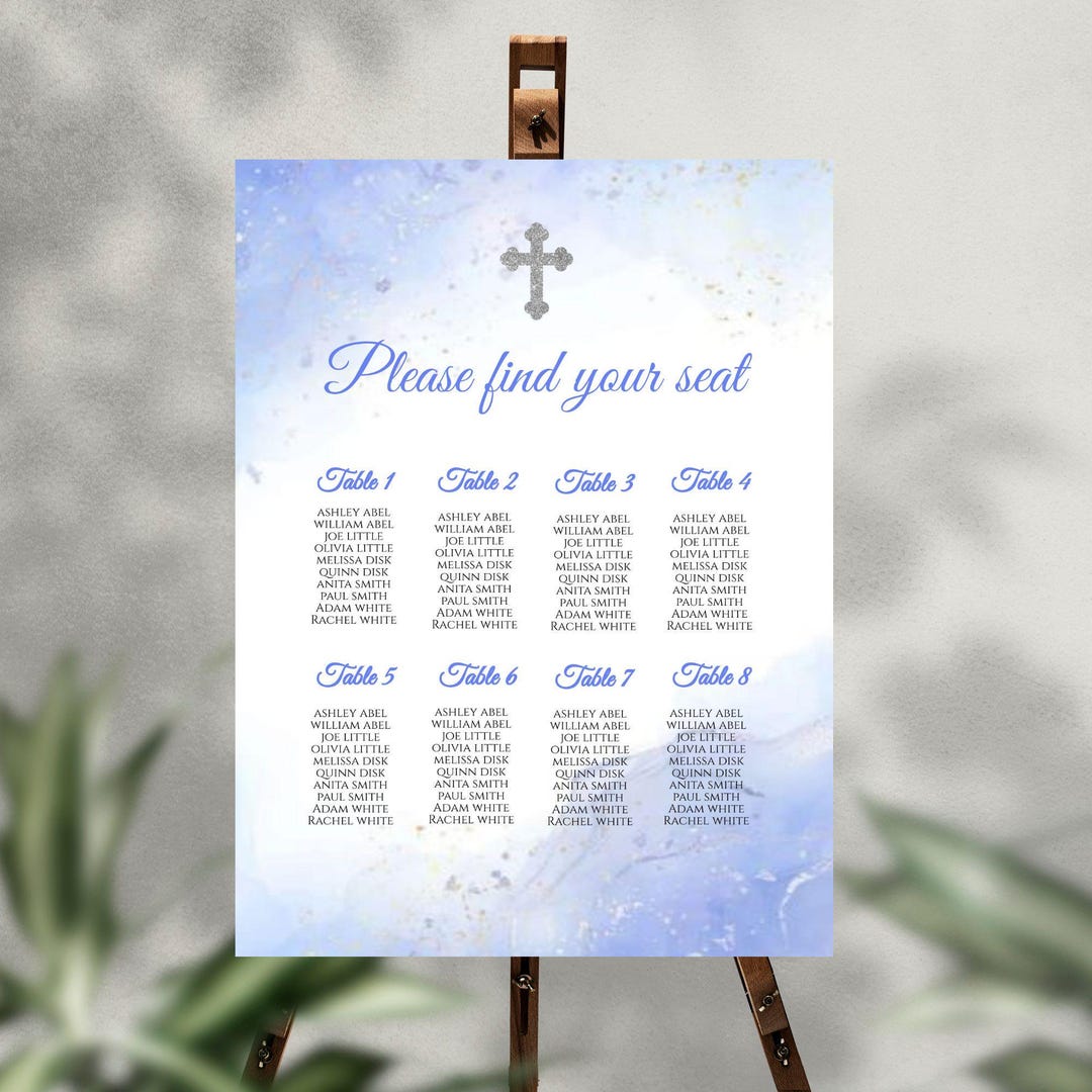 Blue Watercolor Baptism Seating Chart, Boy Baptism, Baptism, Communion ...