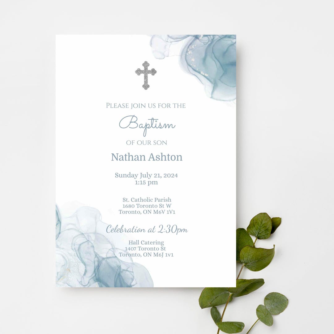 Blue Watercolor Invitation, Blue Marble Invitation, Boy Baptism ...